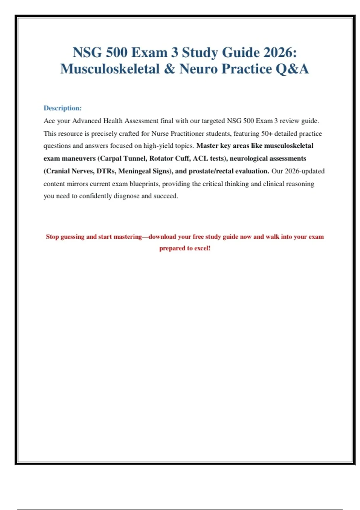 NSG 500 Exam 3 Review: Musculoskeletal & Neuro Assessment Guide (2026 ...
