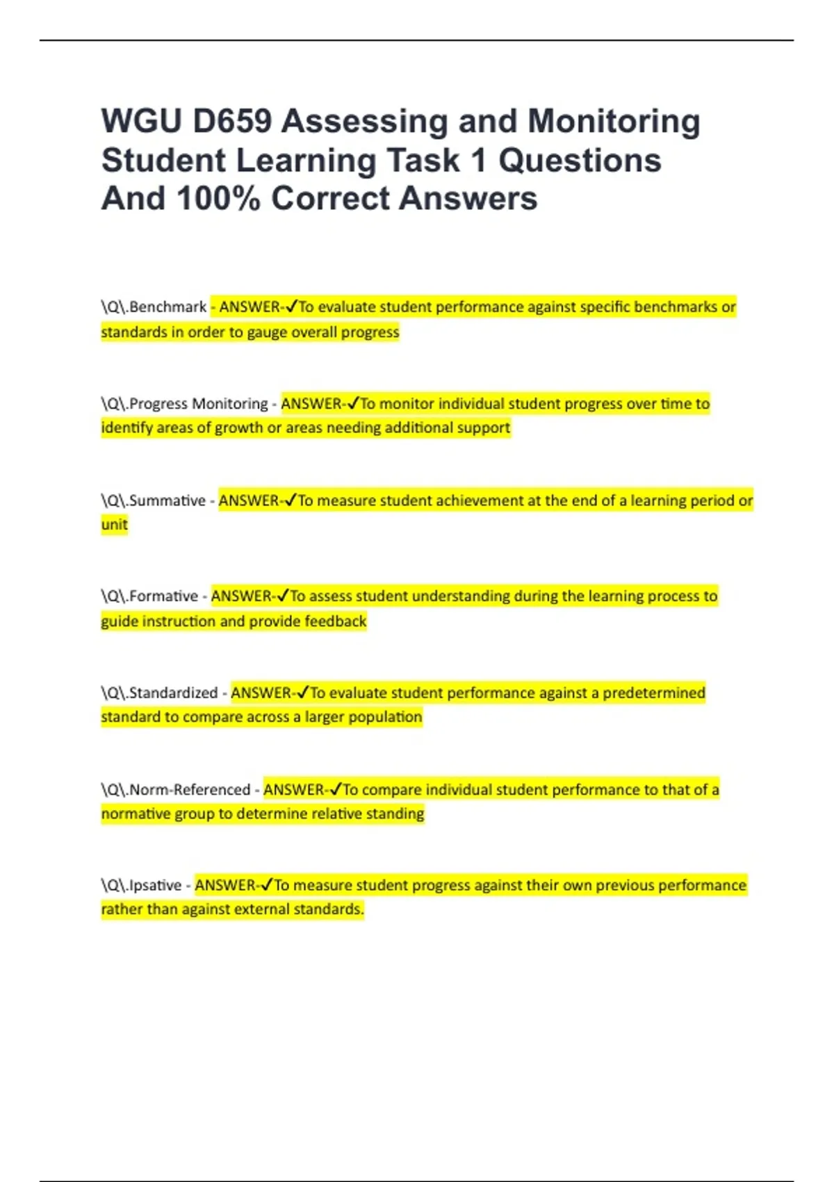 WGU D659 Assessing and Monitoring Student Learning Task 1 Questions And ...