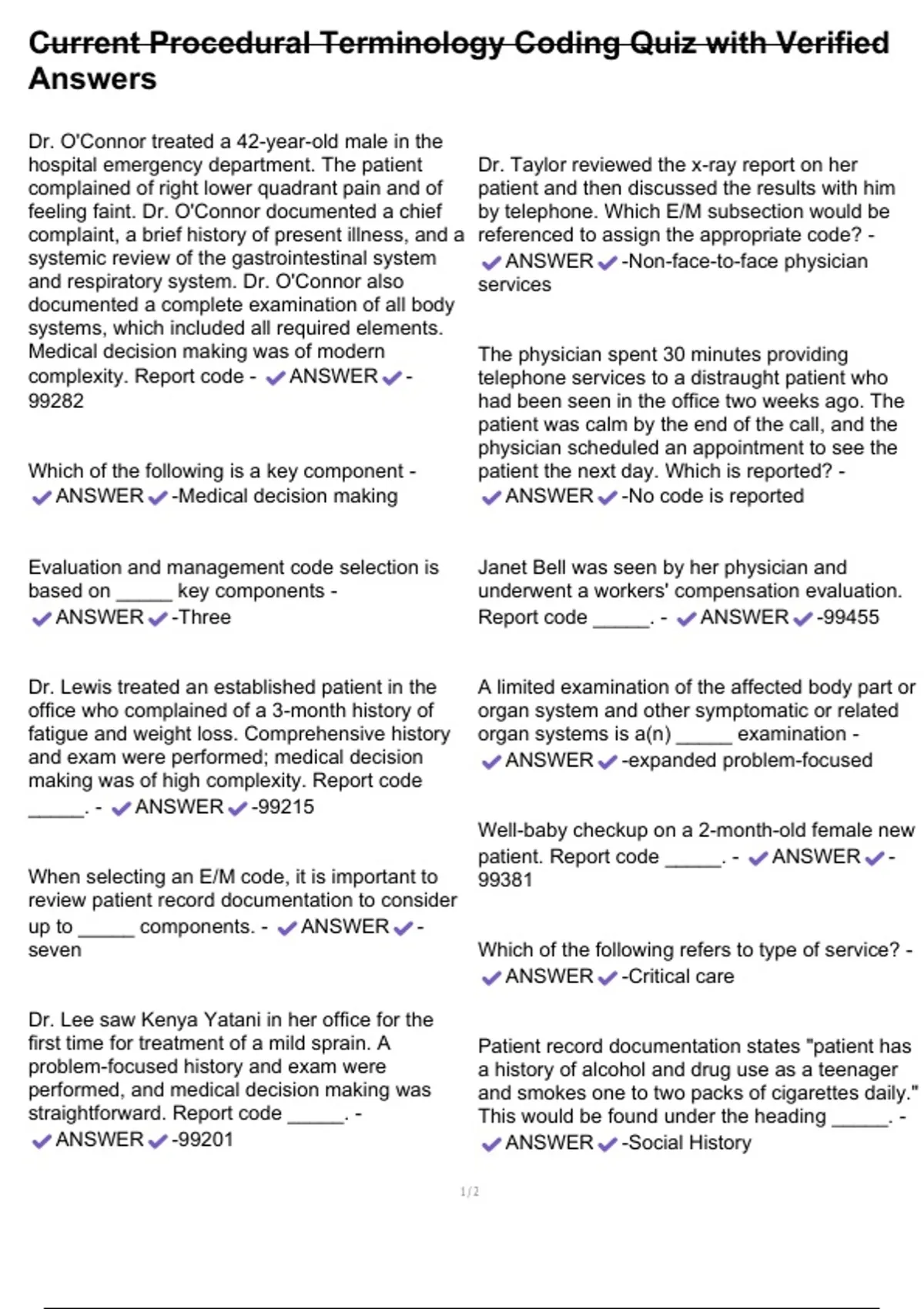 Current Procedural Terminology Coding Quiz with Verified Answers ...