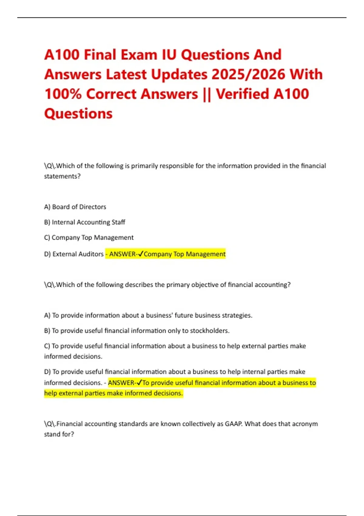 A100 Final Exam IU Questions And Answers Latest Updates 2025/2026 With ...