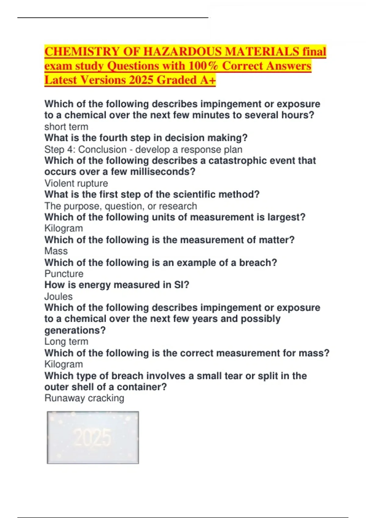 CHEMISTRY OF HAZARDOUS MATERIALS final exam study Questions with 100 ...