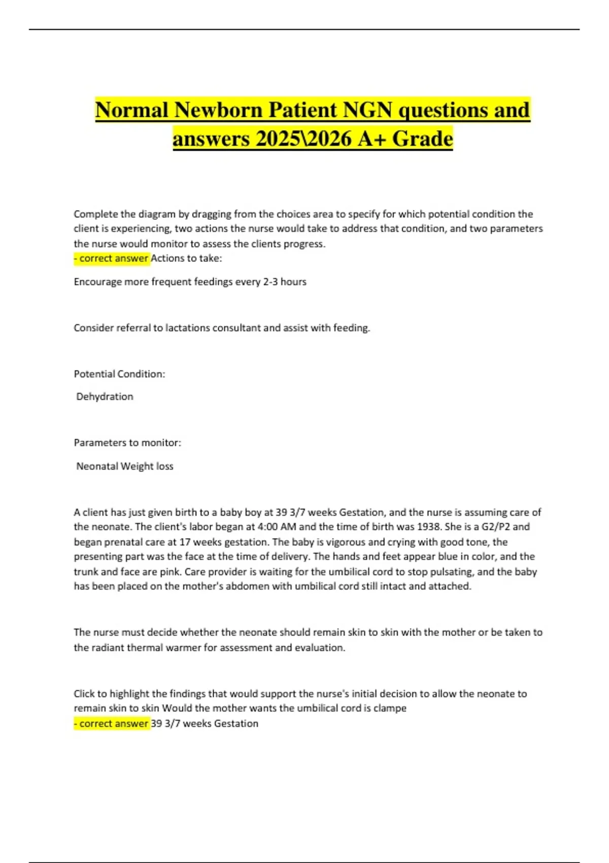 Normal Newborn Patient NGN Case Study | Verified Questions & Correct ...