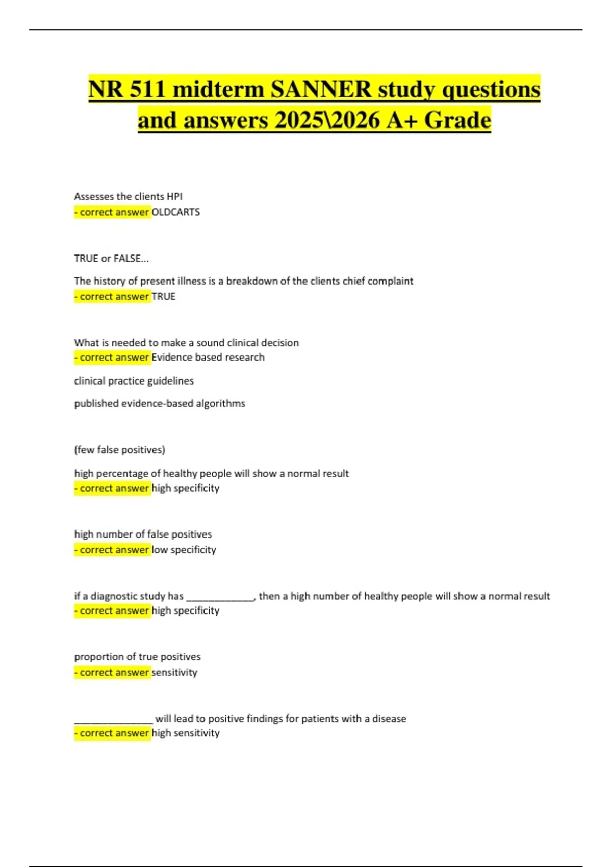 NR 511 Midterm – SANNER Study Questions | Verified Questions & Correct ...