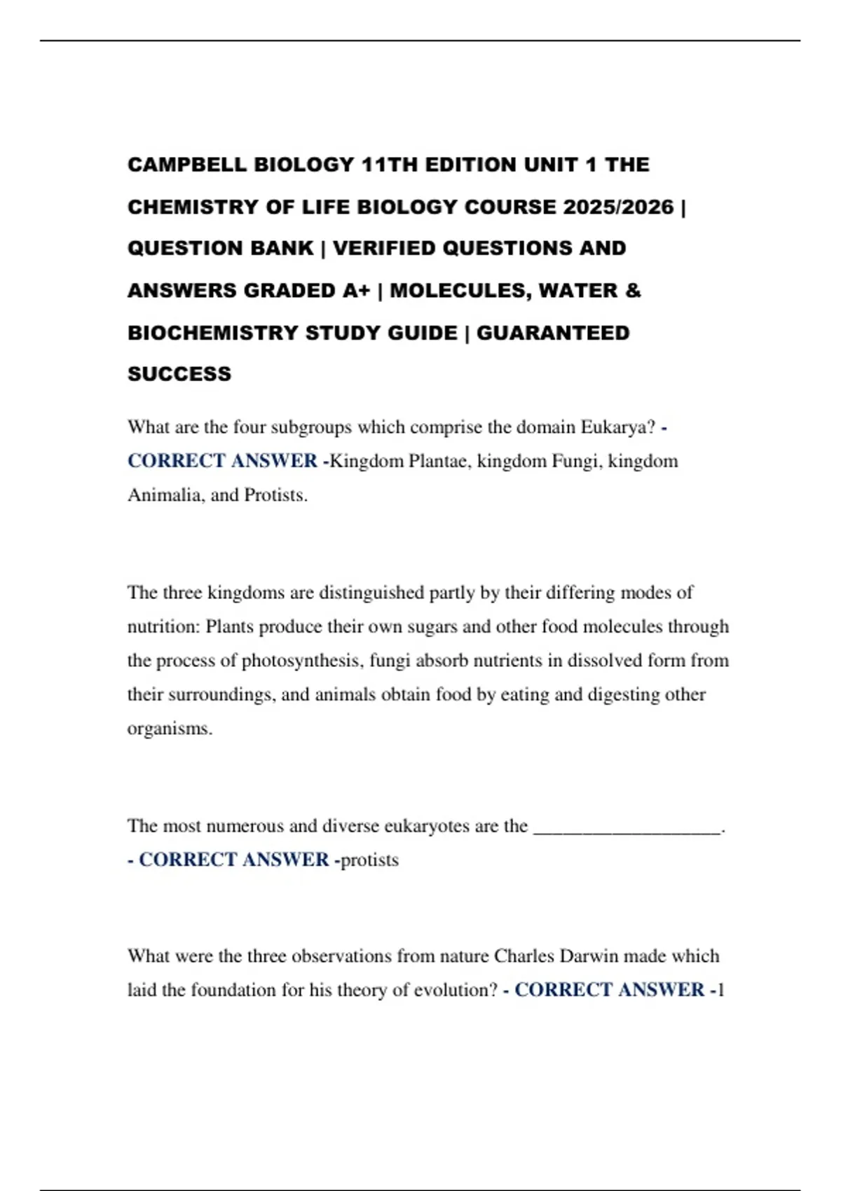 CAMPBELL BIOLOGY 11TH EDITION UNIT 1: THE CHEMISTRY OF LIFE BIOLOGY ...