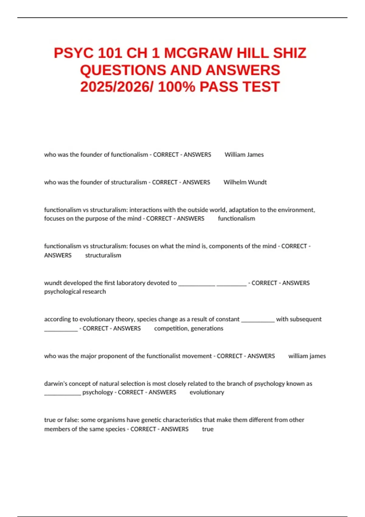 PSYC 101 CH 1 MCGRAW HILL SHIZ QUESTIONS AND ANSWERS 2025/2026/ 100 ...