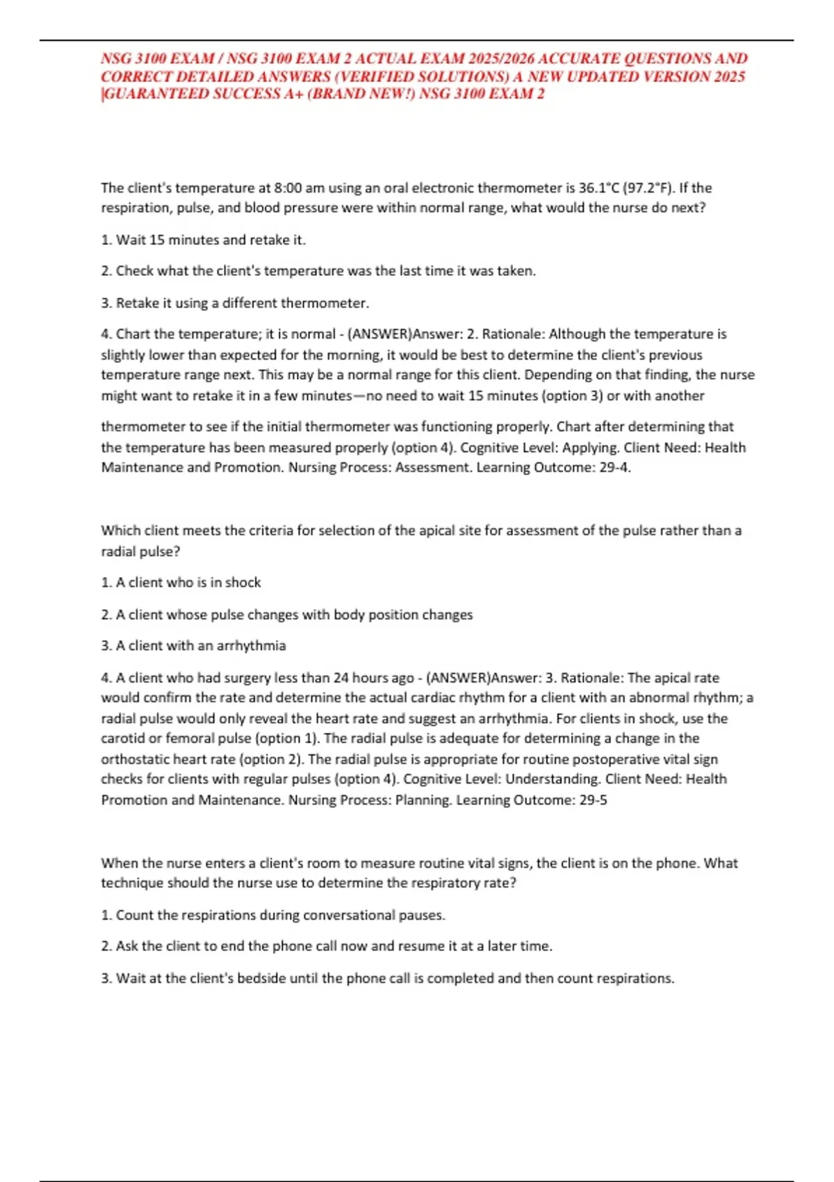 NSG 3100 EXAM / NSG 3100 EXAM 2 ACTUAL EXAM 2025/2026 ACCURATE ...