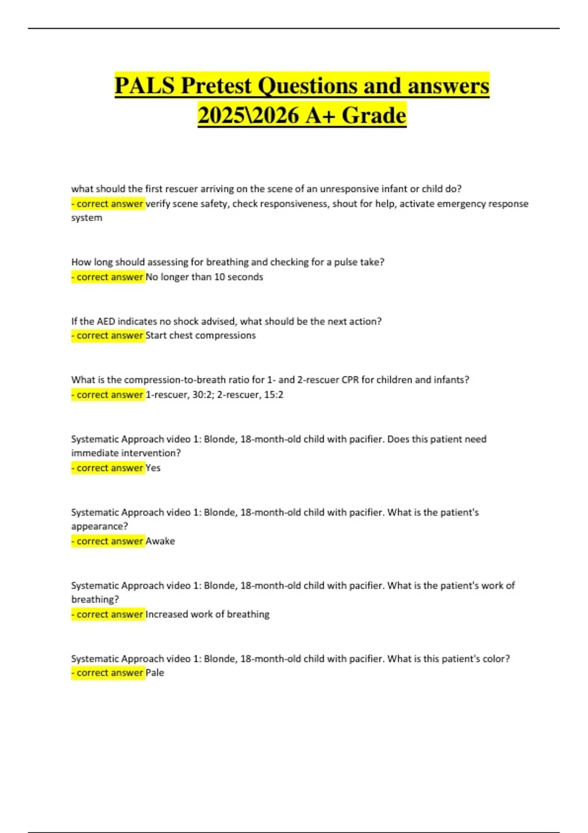 PALS Pretest Questions and Answers 2025/2026 – Verified A+ Grade Study ...