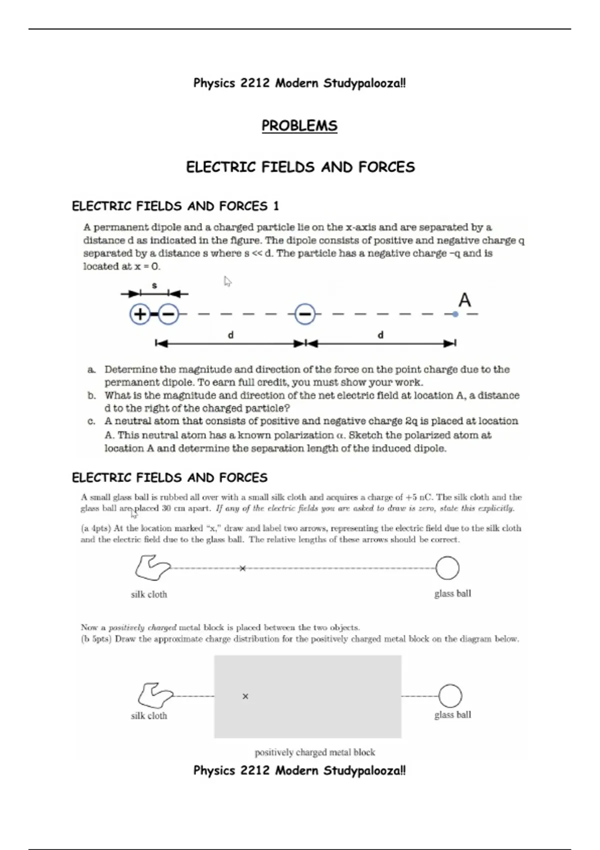 Physics 2212 Modern Studypalooza!! PROBLEMS ELECTRIC FIELDS AND FORCES ...