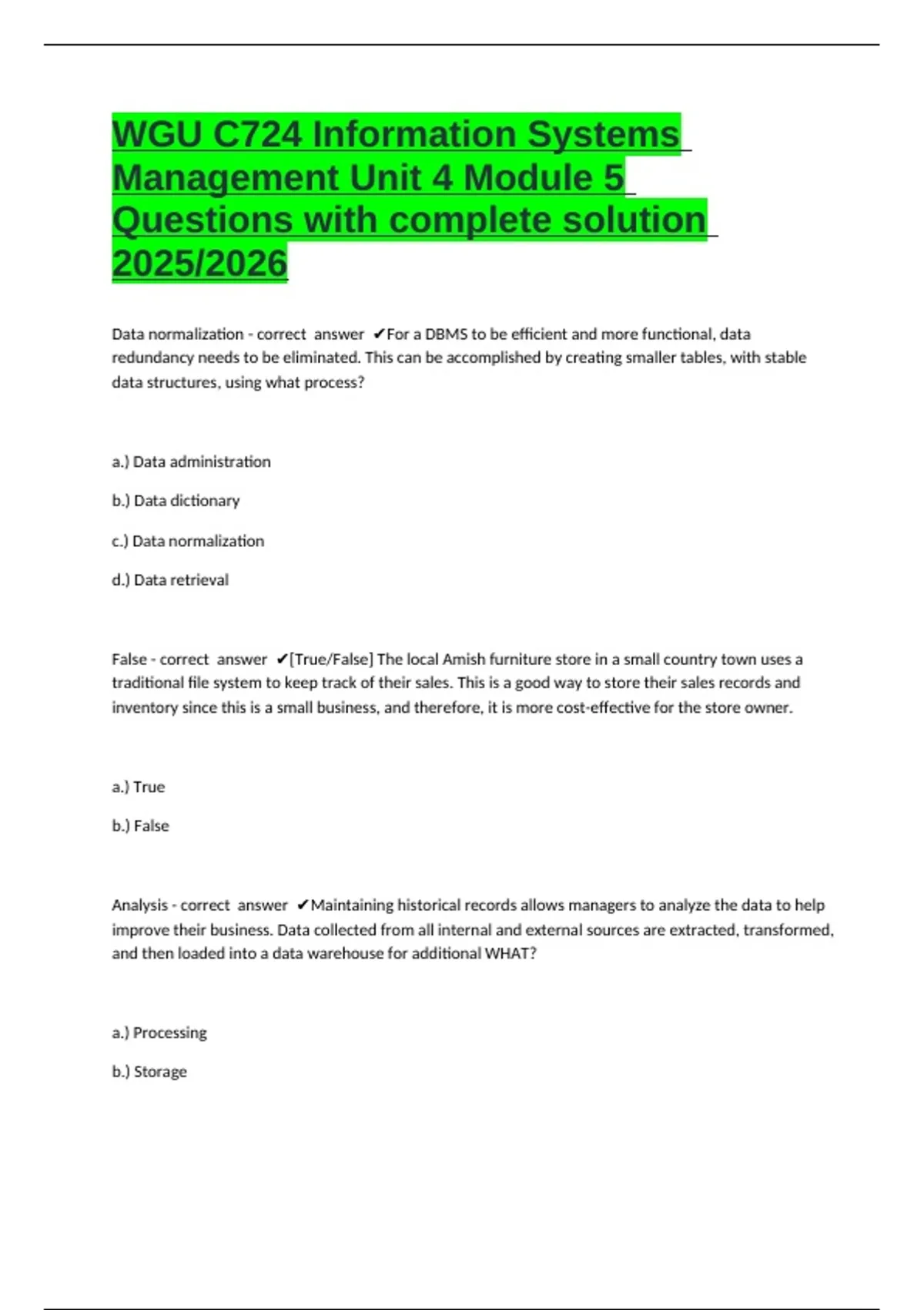WGU C724 Information Systems Management Unit 4 Module 5 Questions with complete solution 2025/ ...