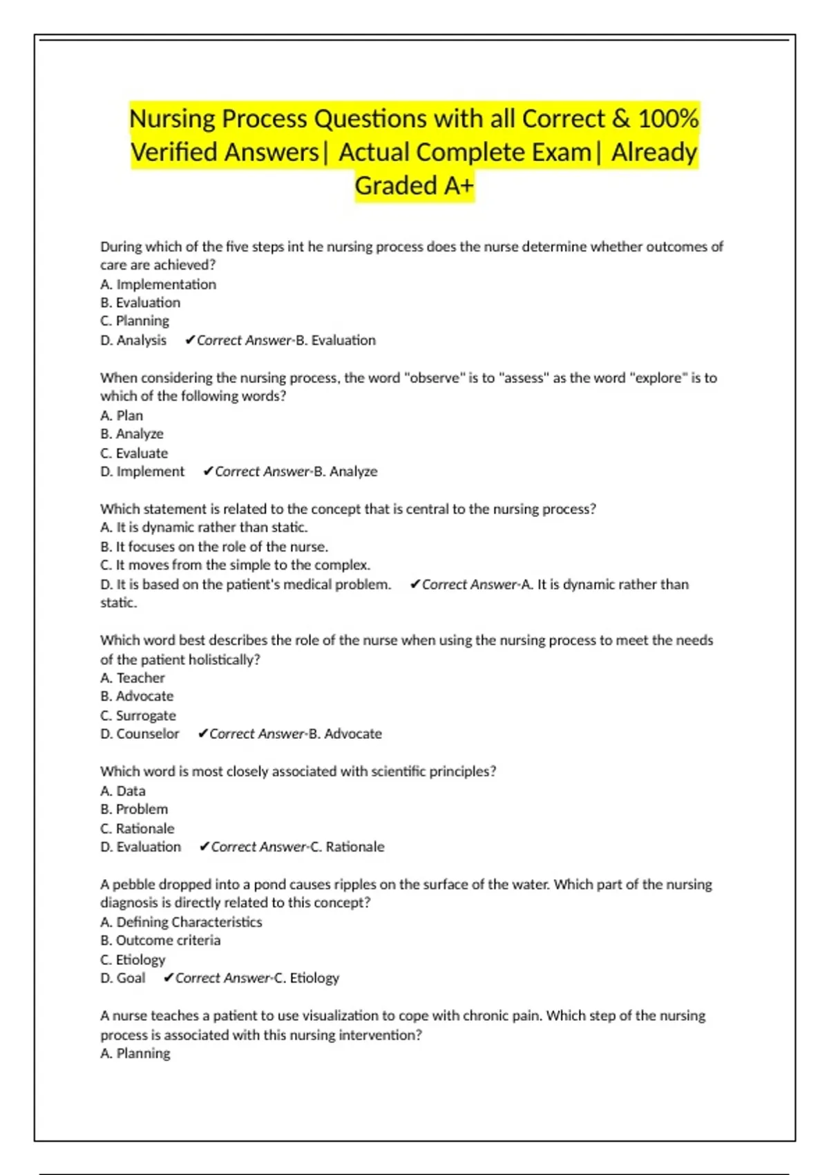 Nursing Process Questions with all Correct & 100% Verified Answers ...