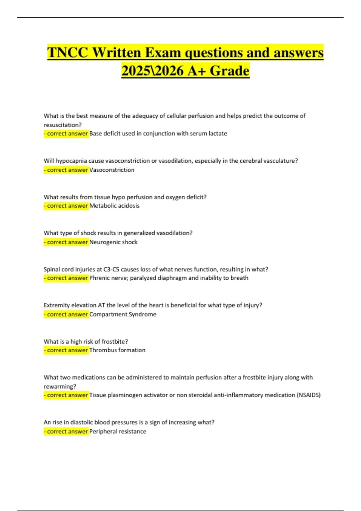TNCC Written Exam Questions and Answers 2025/2026 – Verified A+ Grade ...