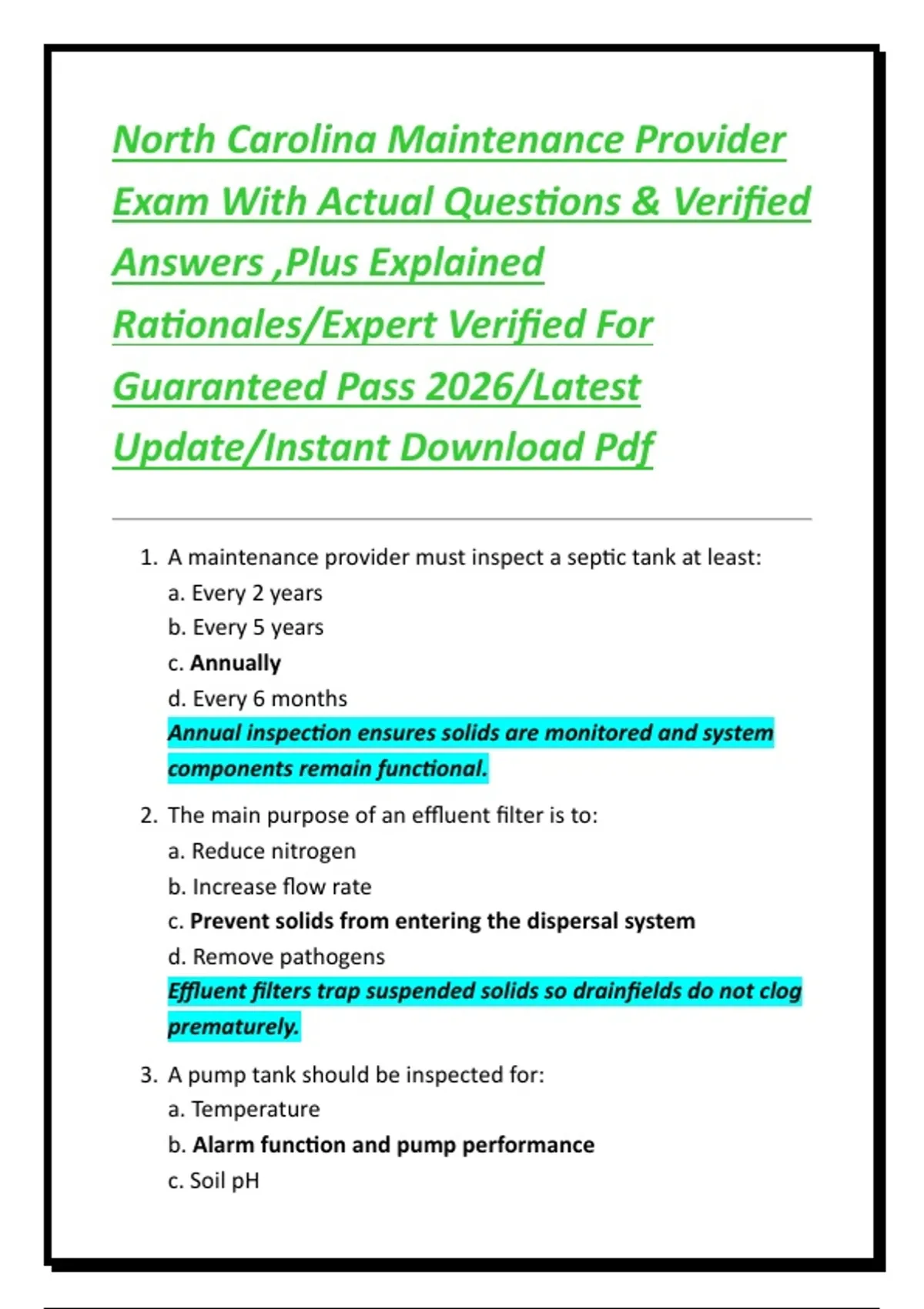North Carolina Maintenance Provider Exam With Actual Questions ...