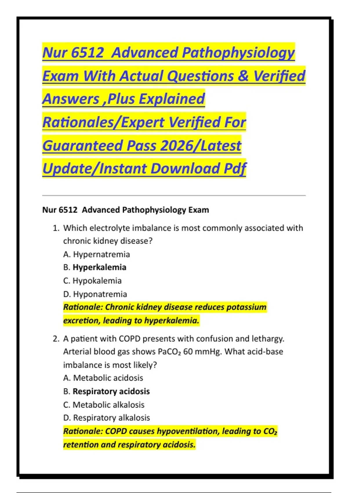 Nur 6512 Advanced Pathophysiology Exam With Actual Questions & Verified Answers ,Plus Explained ...