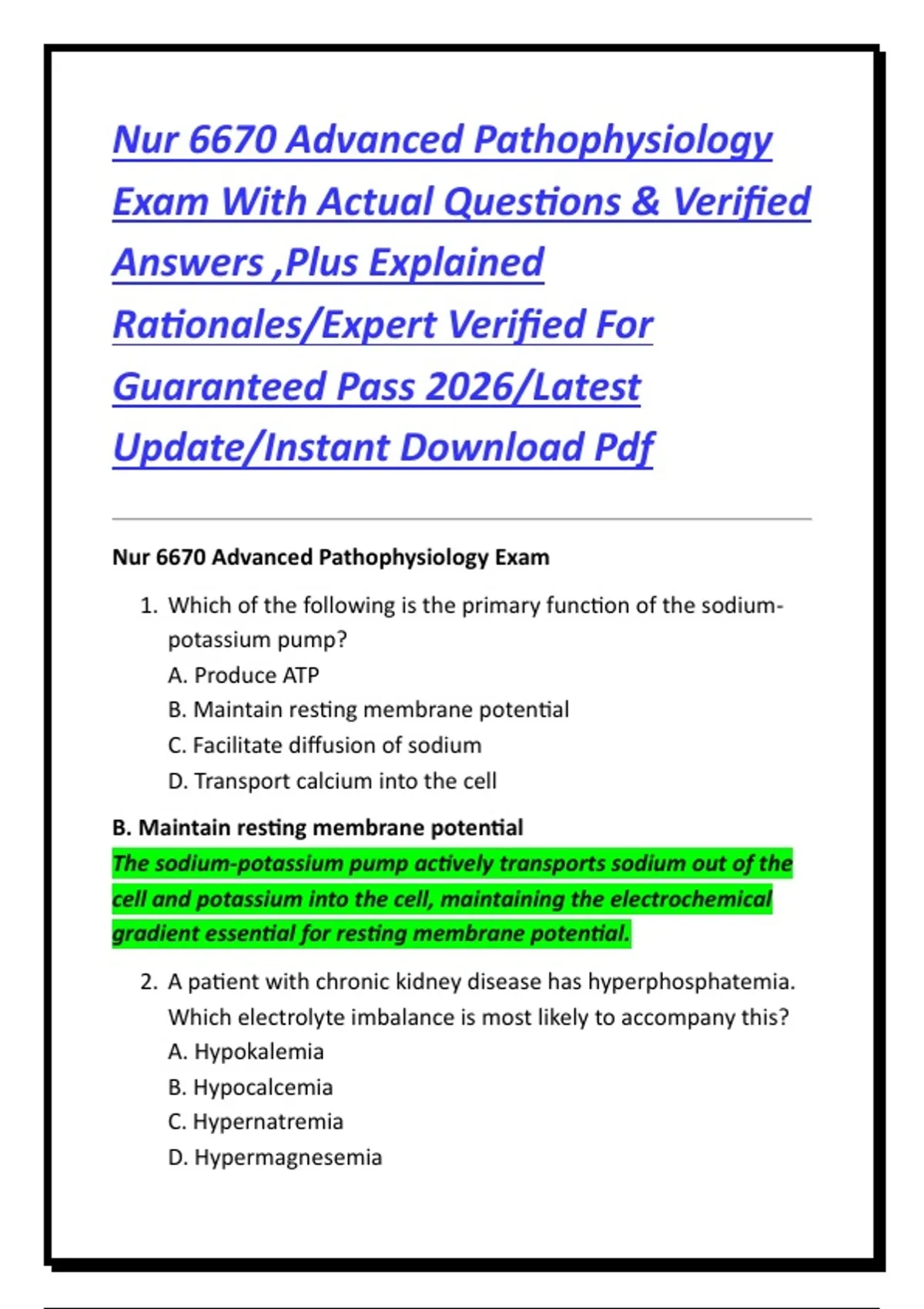 Nur 6670 Advanced Pathophysiology Exam With Actual Questions & Verified ...