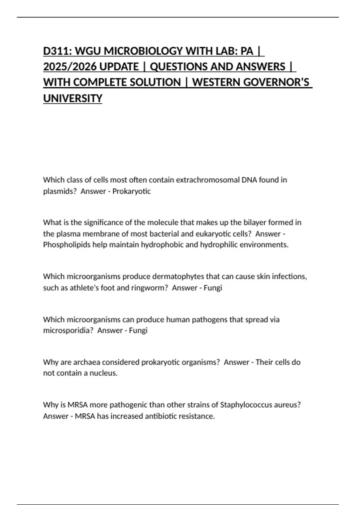 D311: WGU MICROBIOLOGY WITH LAB: PA | 2025/2026 UPDATE | QUESTIONS AND ...