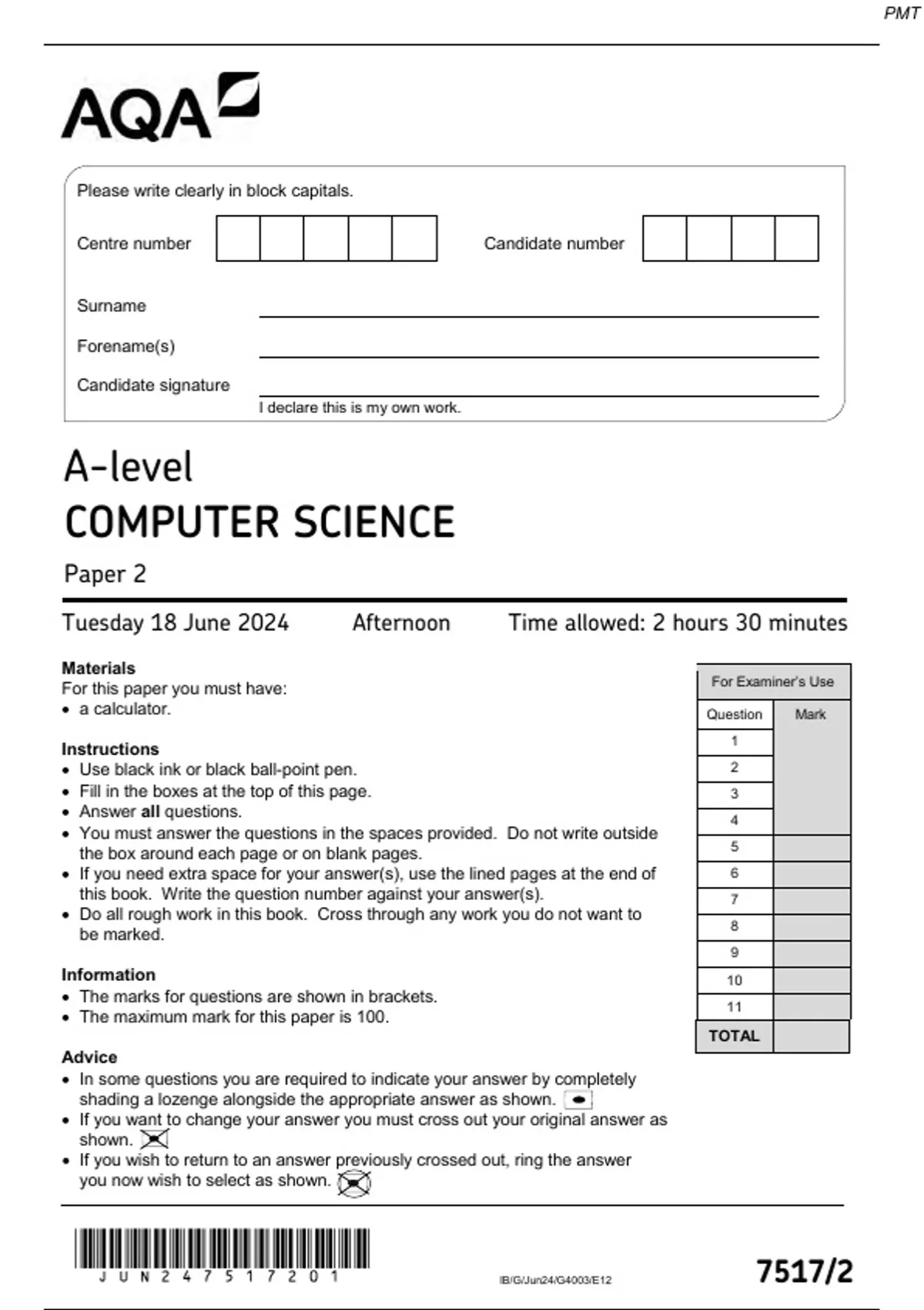 A level Computer Science Paper 2 | Tuesday 18 June 2024 | Actual Exam ...