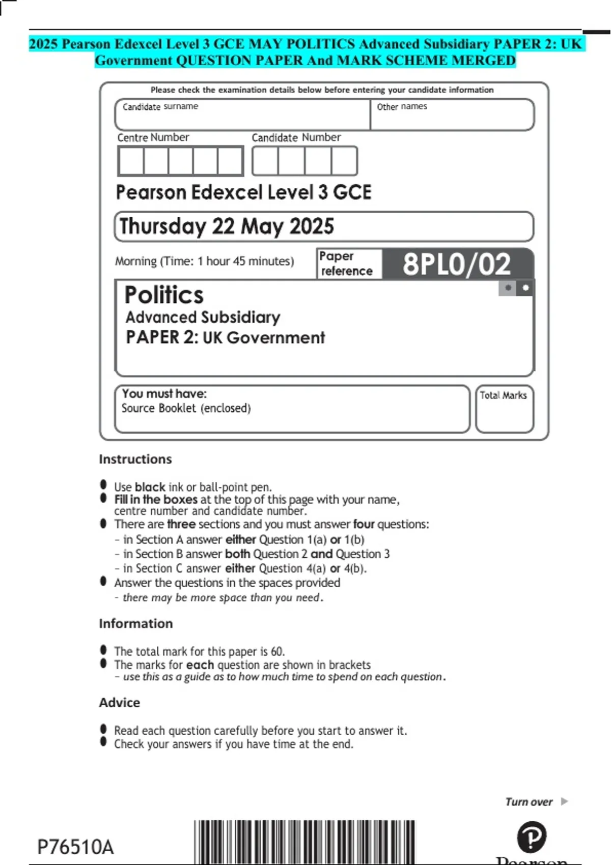 2025 Pearson Edexcel Level 3 GCE MAY POLITICS Advanced Subsidiary PAPER ...