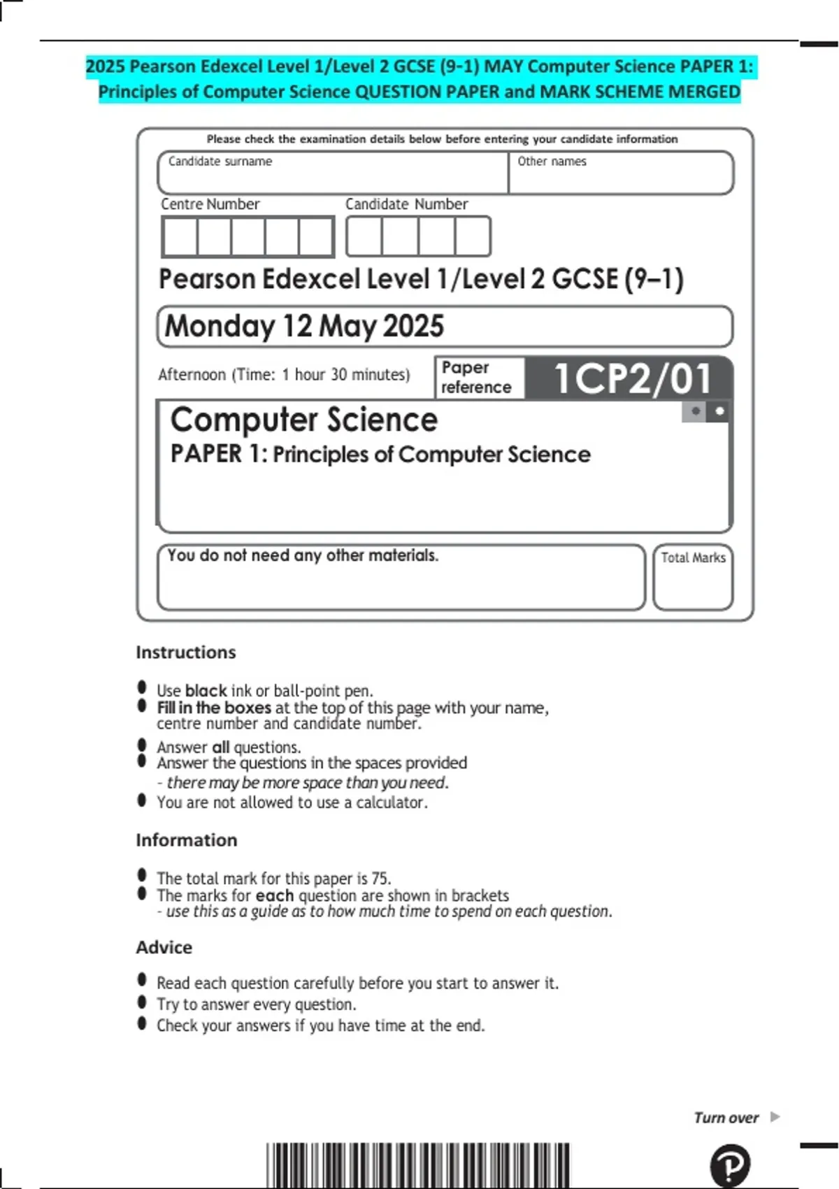 2025 Pearson Edexcel Level 1/Level 2 GCSE (9–1) MAY Computer Science ...