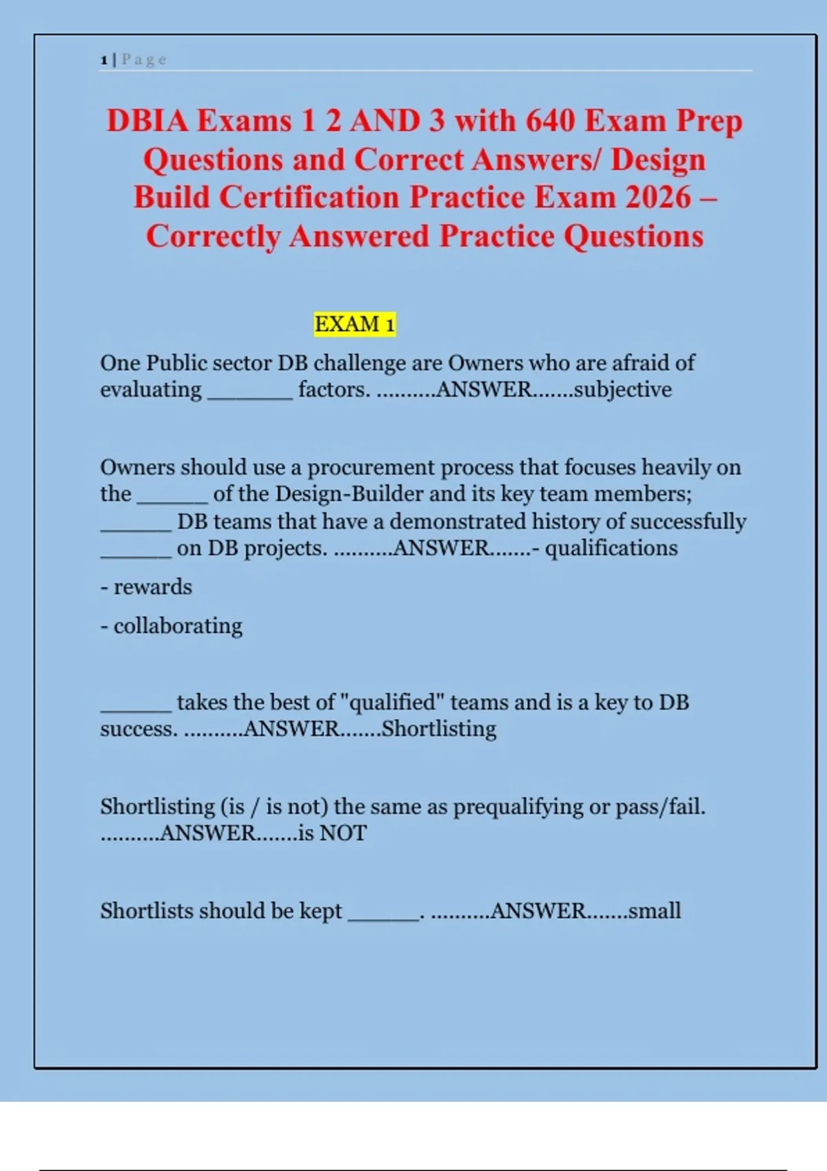 DBIA Exams 1, 2, AND 3 – 640 Exam Prep Questions and Correct Answers ...