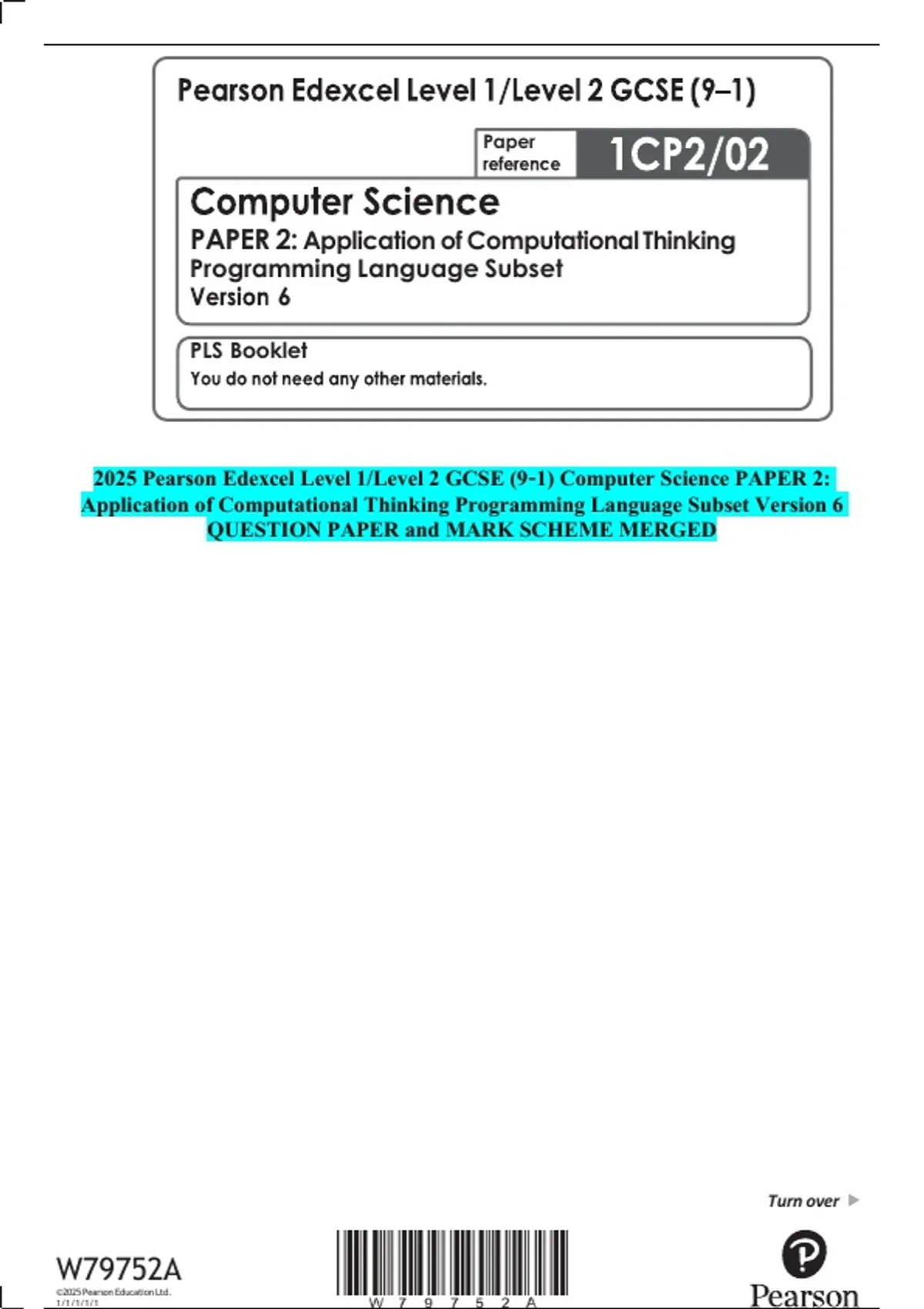 2025 Pearson Edexcel Level 1/Level 2 GCSE (9–1) Computer Science PAPER 2: Application of ...