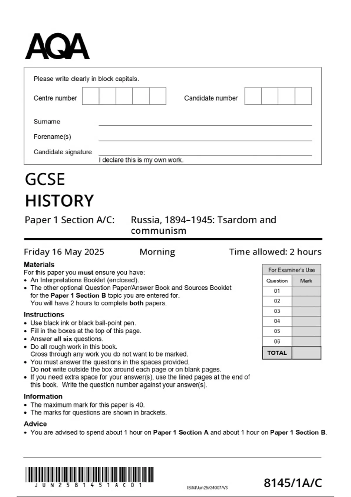 2025 ACTUAL AQA GCSE HISTORY Paper 1 Section A/C: Russia, 1894–1945 ...