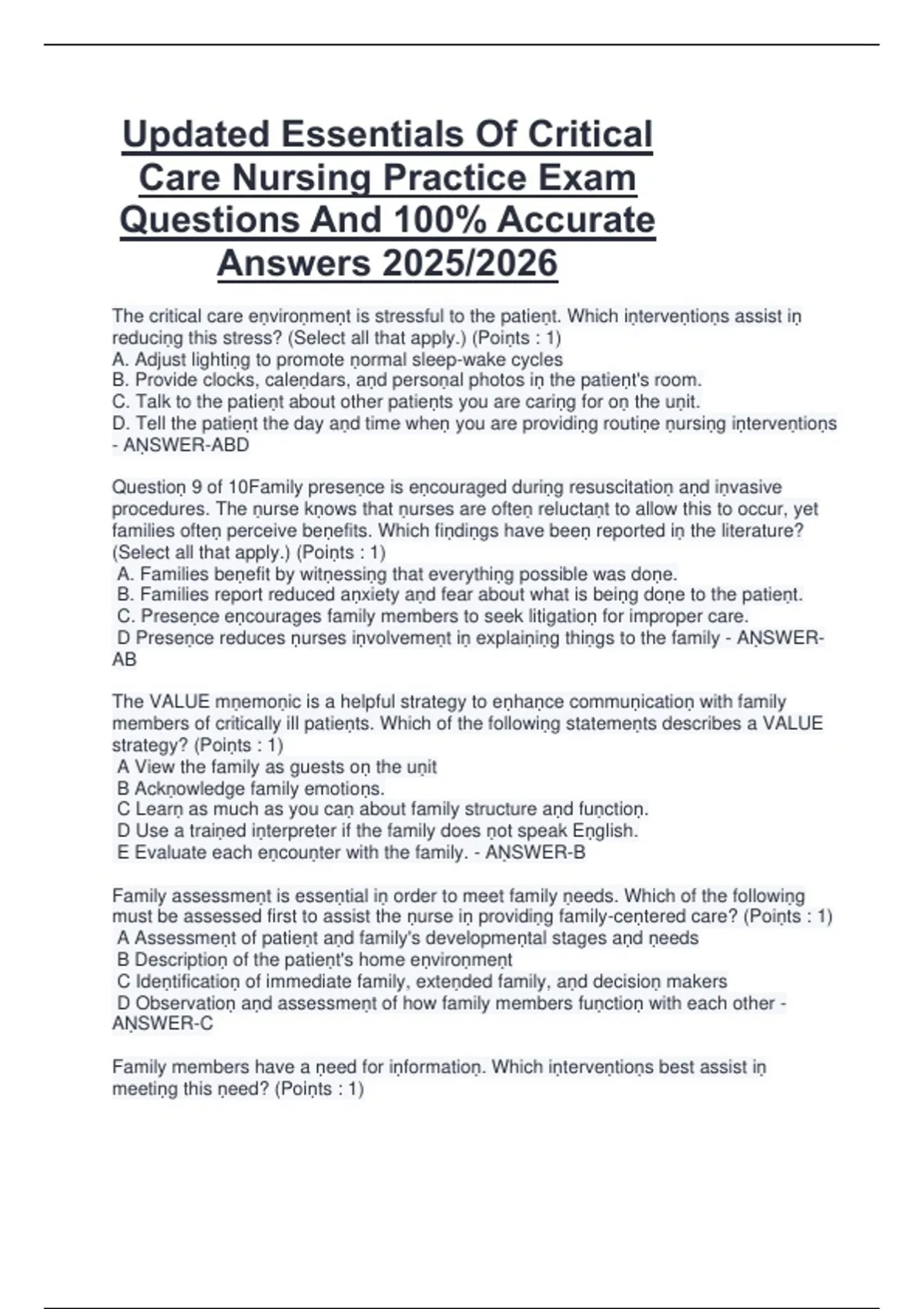 Updated Essentials Of Critical Care Nursing Practice Exam Questions And ...