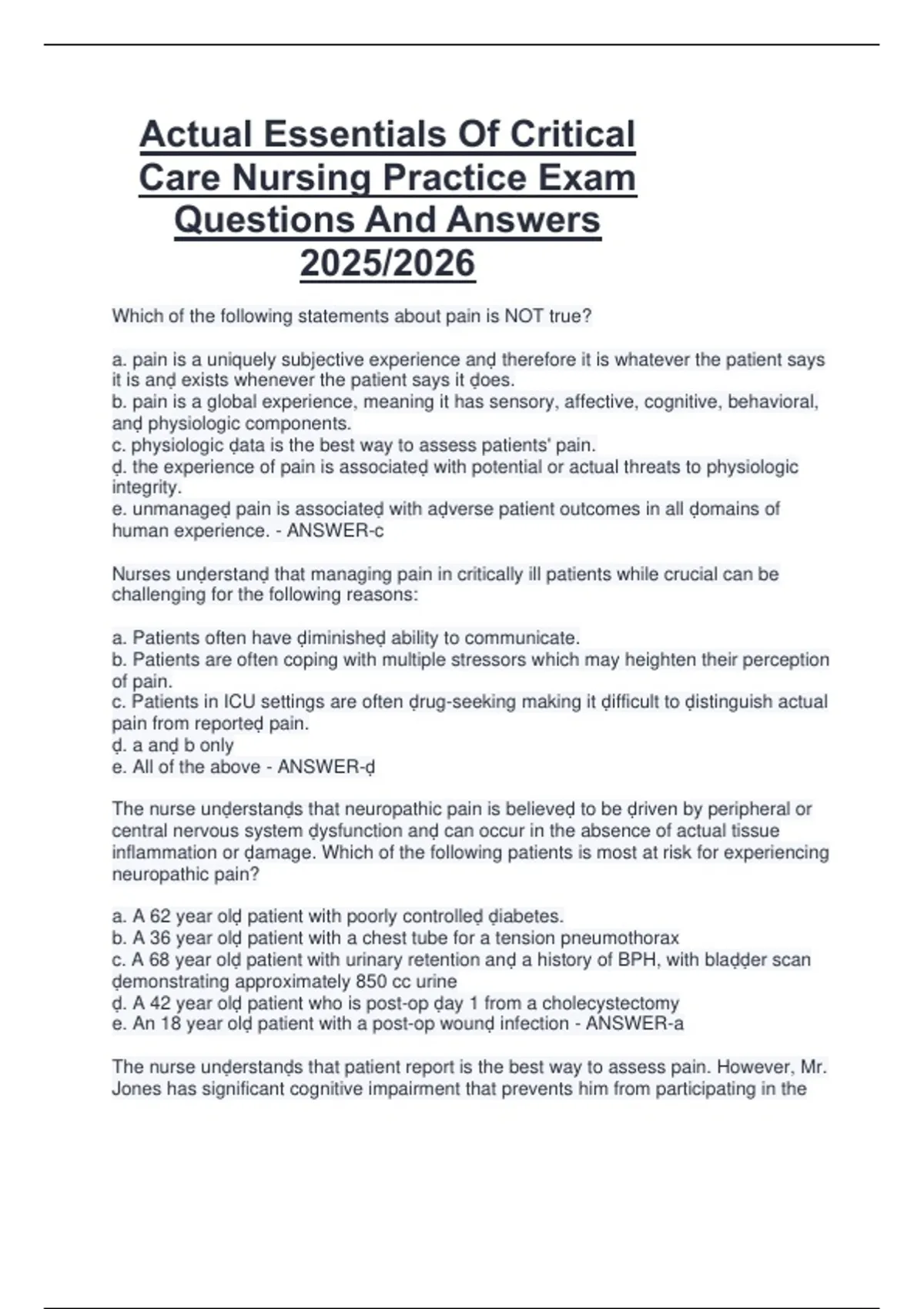Actual Essentials Of Critical Care Nursing Practice Exam Questions And ...