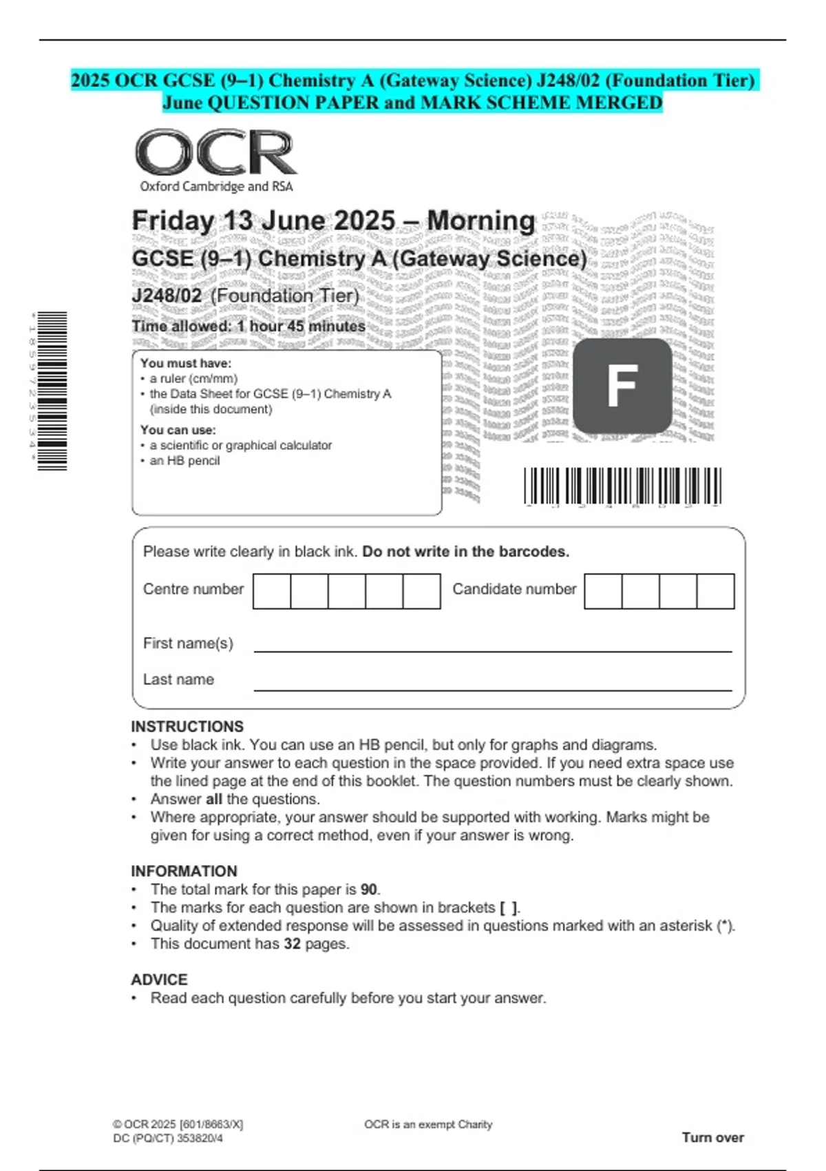 2025 OCR GCSE (9–1) Chemistry A (Gateway Science) J248/02 (Foundation ...