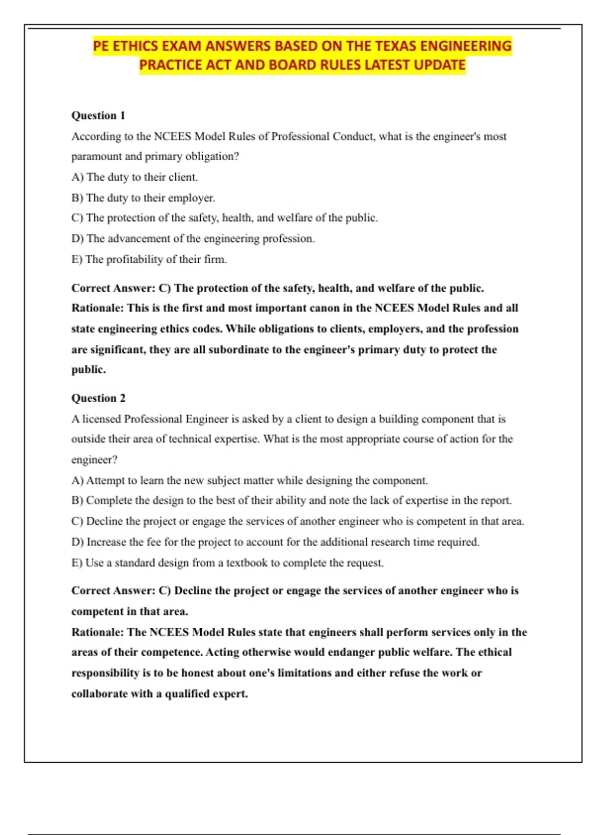 PE ETHICS EXAM ANSWERS BASED ON THE TEXAS ENGINEERING PRACTICE ACT AND ...