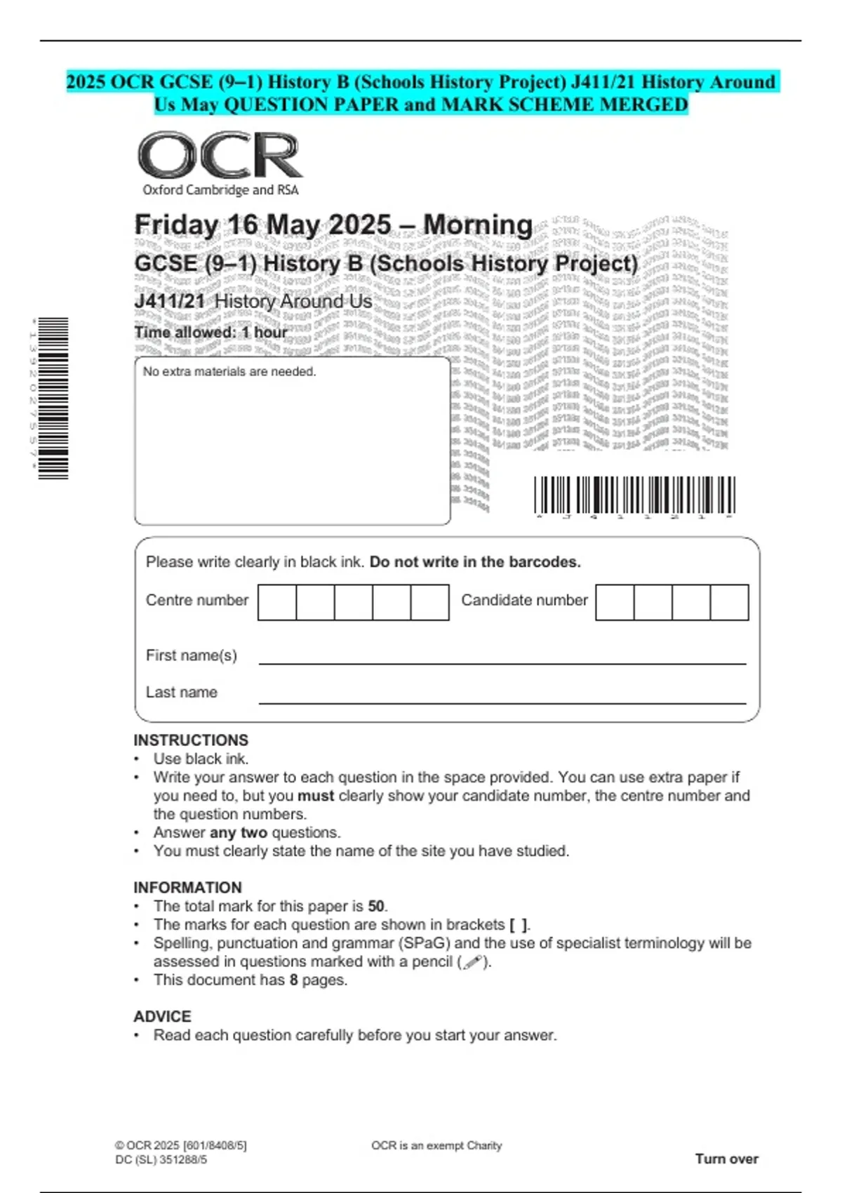 2025 OCR GCSE (9–1) History B (Schools History Project) J411/21 History ...