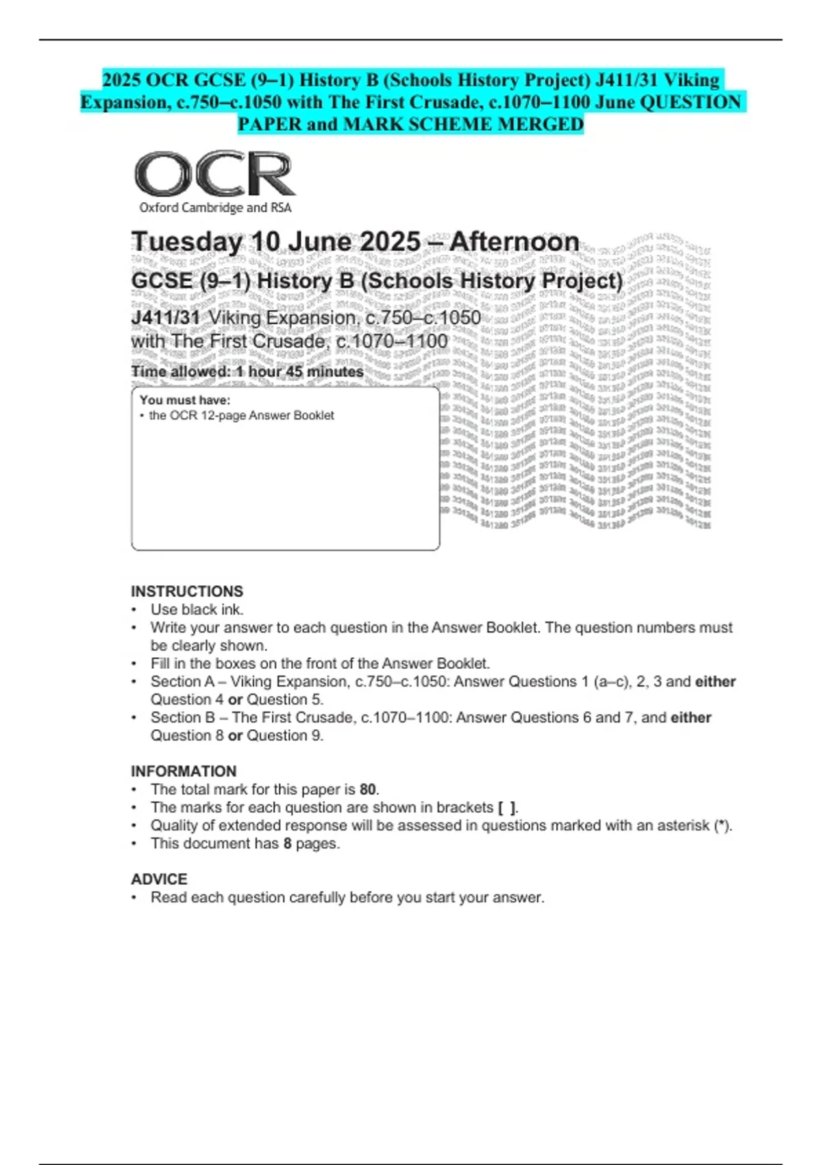 2025 OCR GCSE (9–1) History B (Schools History Project) J411/21 History ...