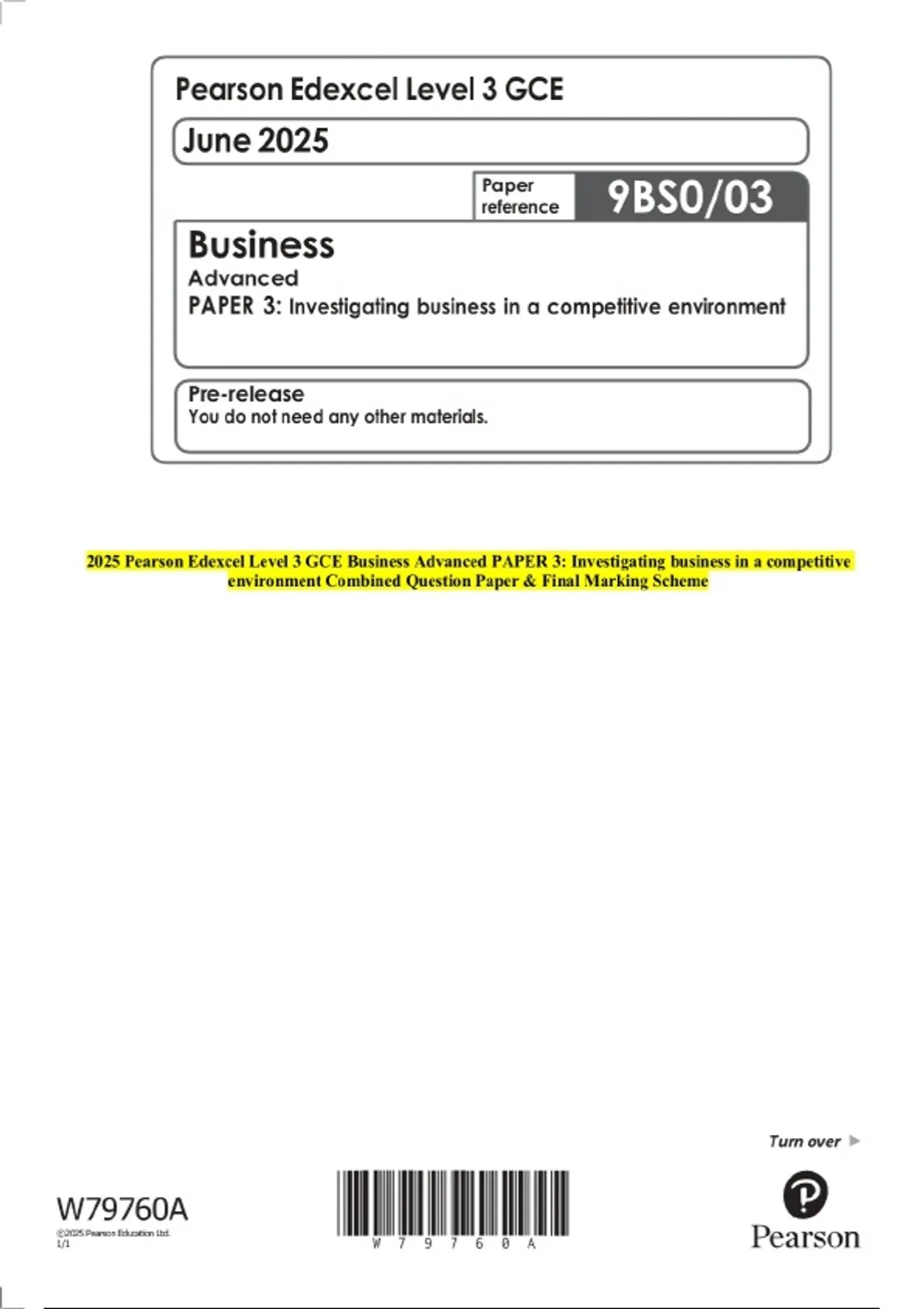 2025 Pearson Edexcel Level 3 GCE Business Advanced PAPER 3 ...