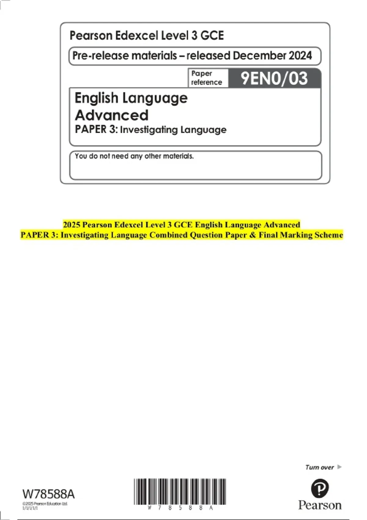 2025 Pearson Edexcel Level 3 GCE English Language Advanced PAPER 3 ...