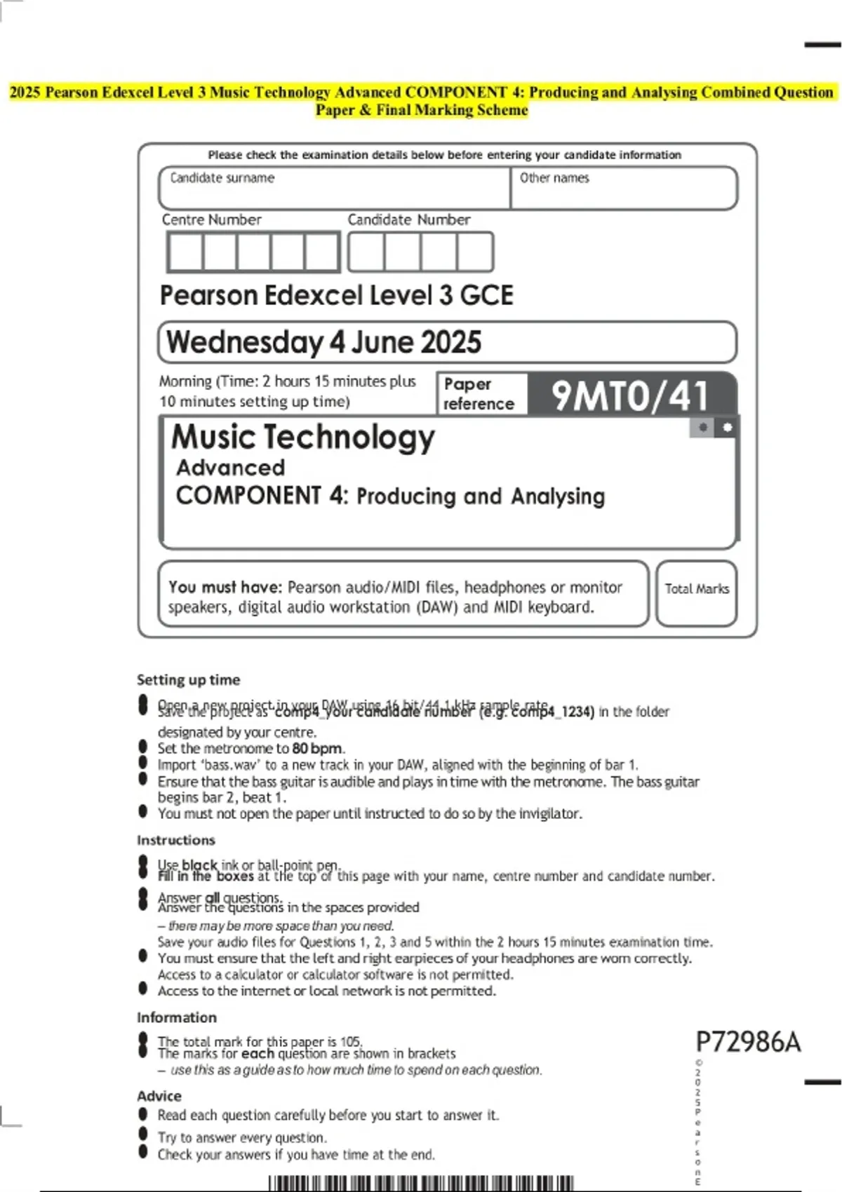 2025 Pearson Edexcel Level 3 Music Technology Advanced COMPONENT 4 ...