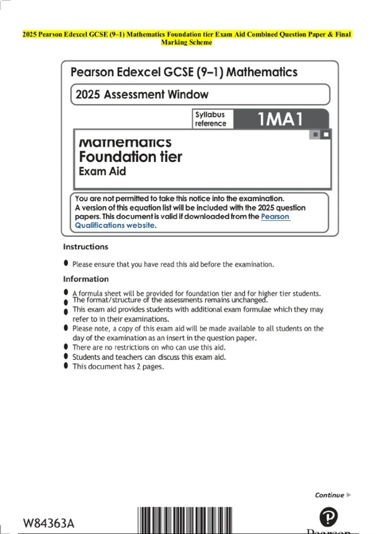 2025 Pearson Edexcel GCSE (9–1) Mathematics Foundation tier Exam Aid ...