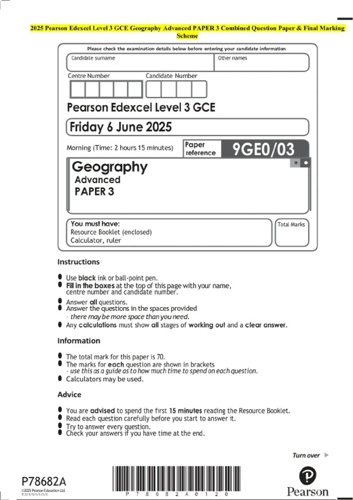 2025 Pearson Edexcel Level 3 GCE Geography Advanced PAPER 3 Combined ...
