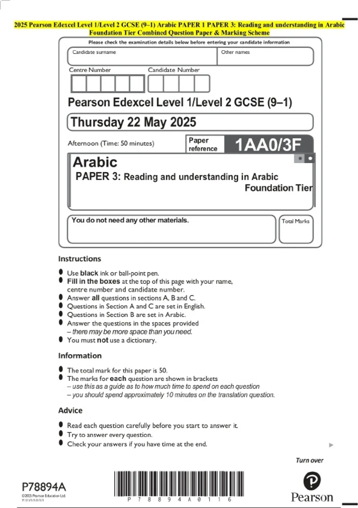 2025 Pearson Edexcel Level 1/Level 2 GCSE (9–1) Arabic PAPER 1 PAPER 3 ...