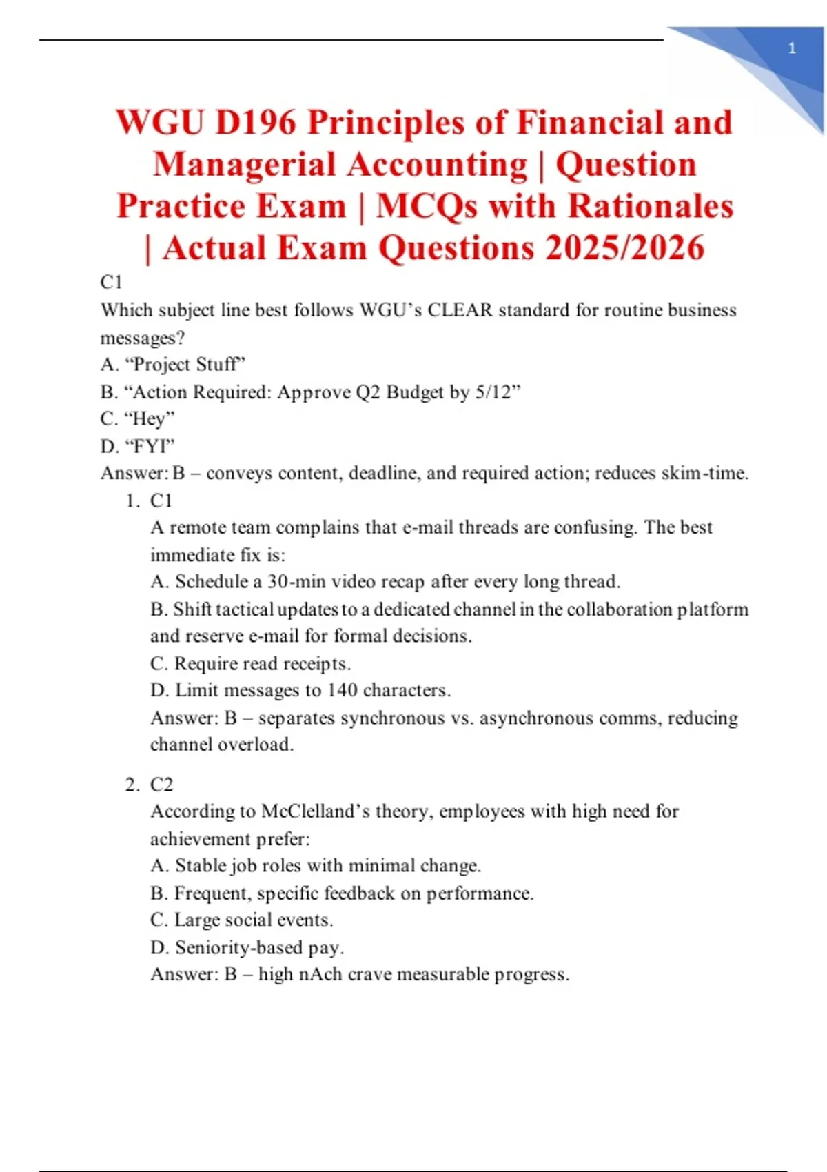 WGU D196 Principles of Financial and Managerial Accounting | Question ...