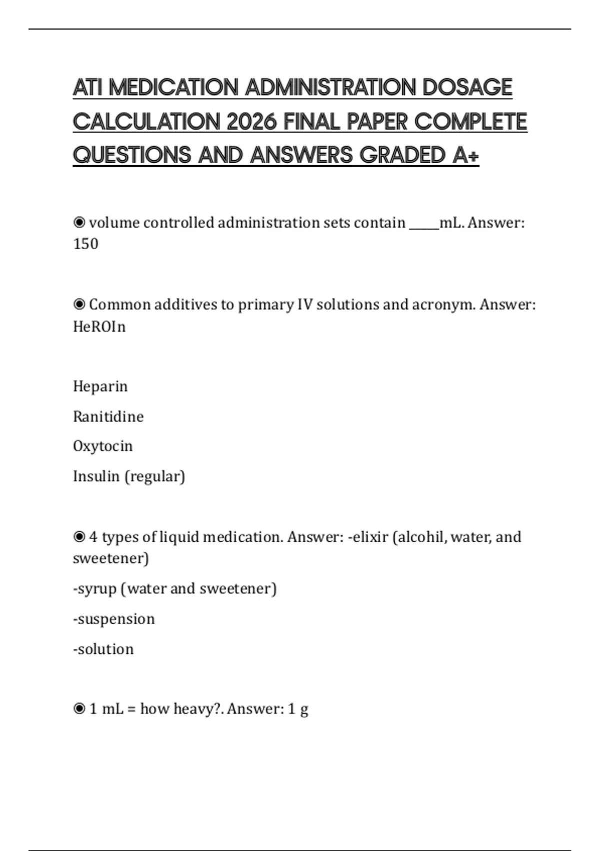 ATI MEDICATION ADMINISTRATION DOSAGE CALCULATION 2026 FINAL PAPER ...