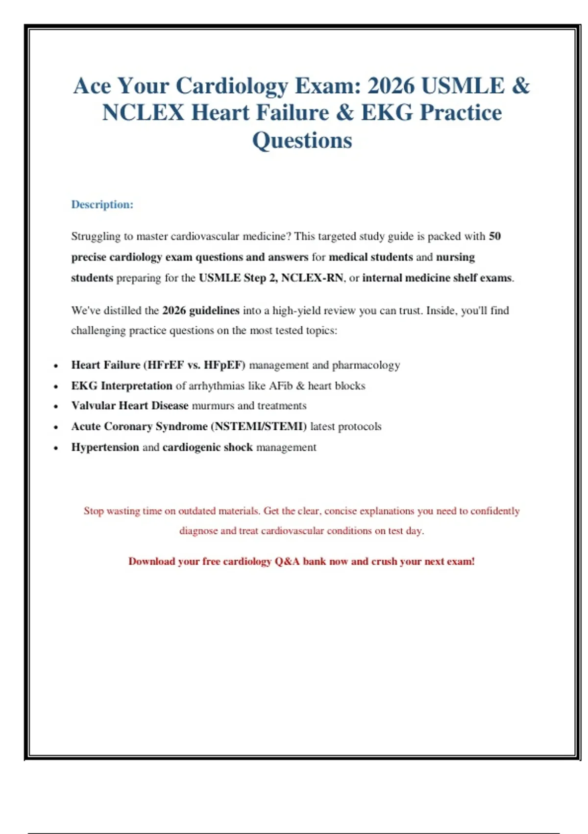 Cardiology Exam Questions & Answers 2026: USMLE & NCLEX Review ...