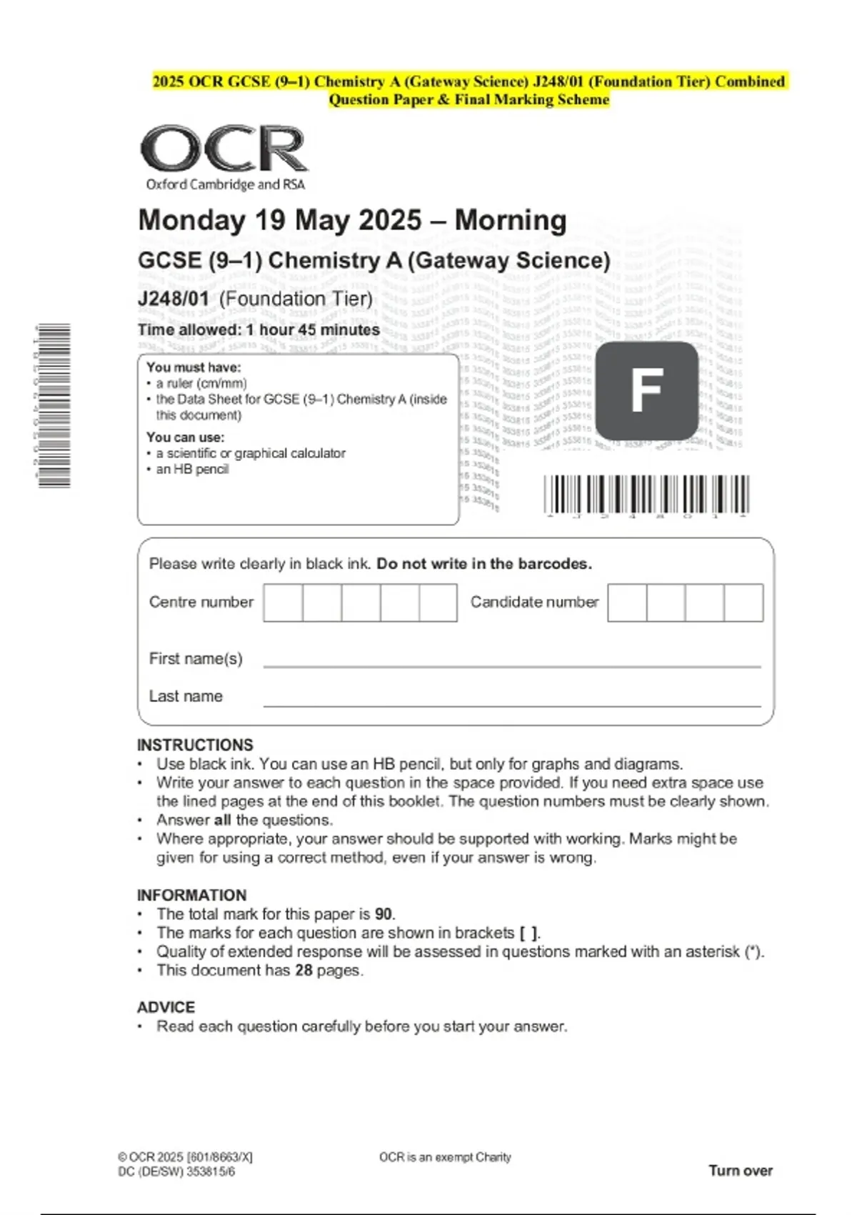 2025 OCR GCSE (9–1) Chemistry A (Gateway Science) J248/01 (Foundation ...
