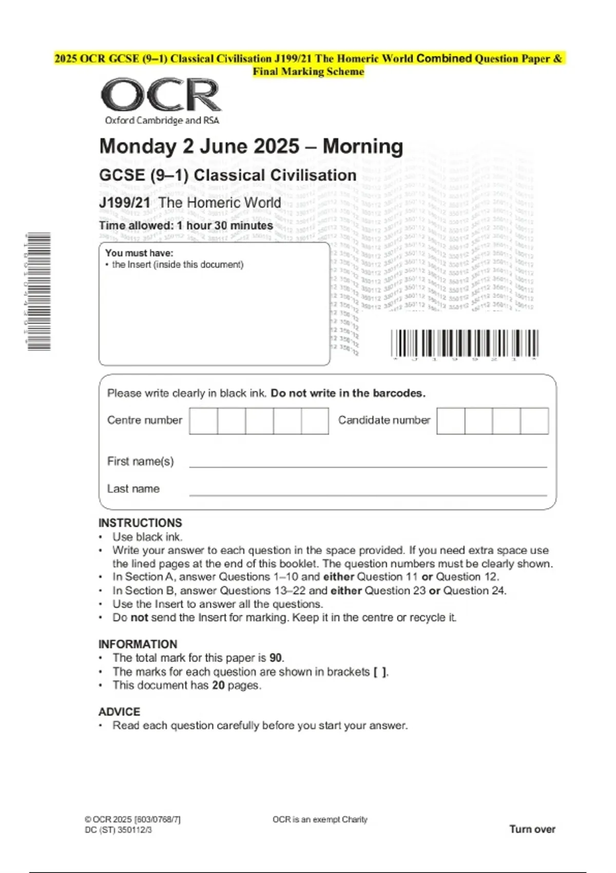 2025 OCR GCSE (9–1) Classical Civilisation J199/21 The Homeric World ...