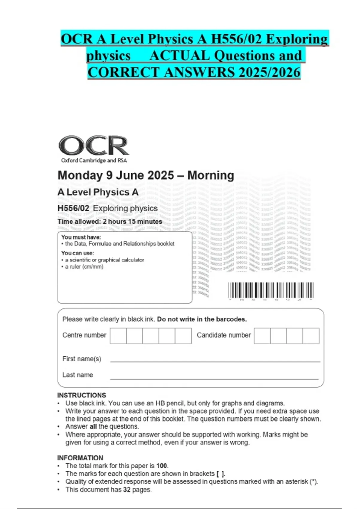 OCR A Level Physics A H556/02 Exploring physics ACTUAL Questions and ...