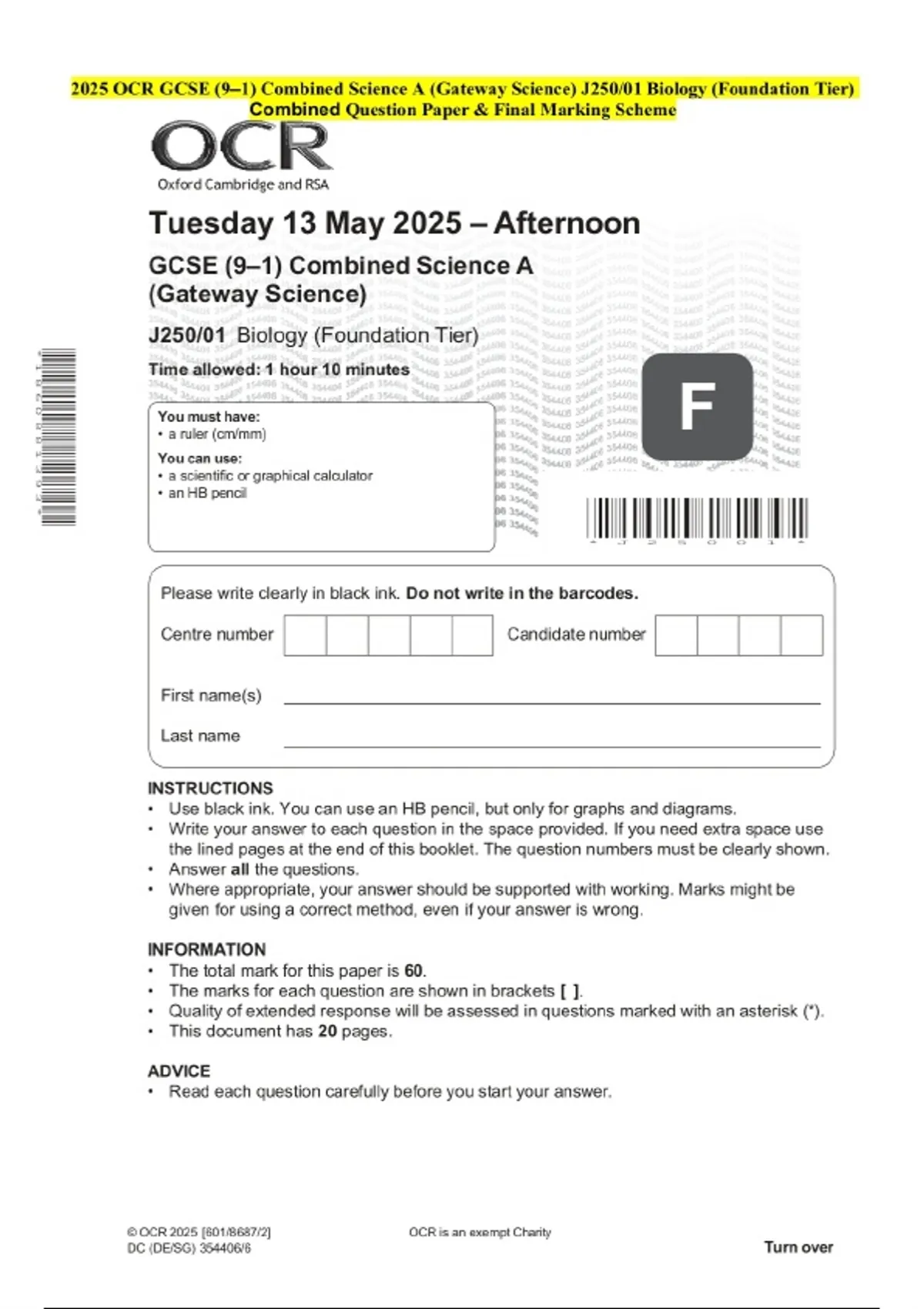 2025 OCR GCSE (9–1) Combined Science A (Gateway Science) J250/01 ...