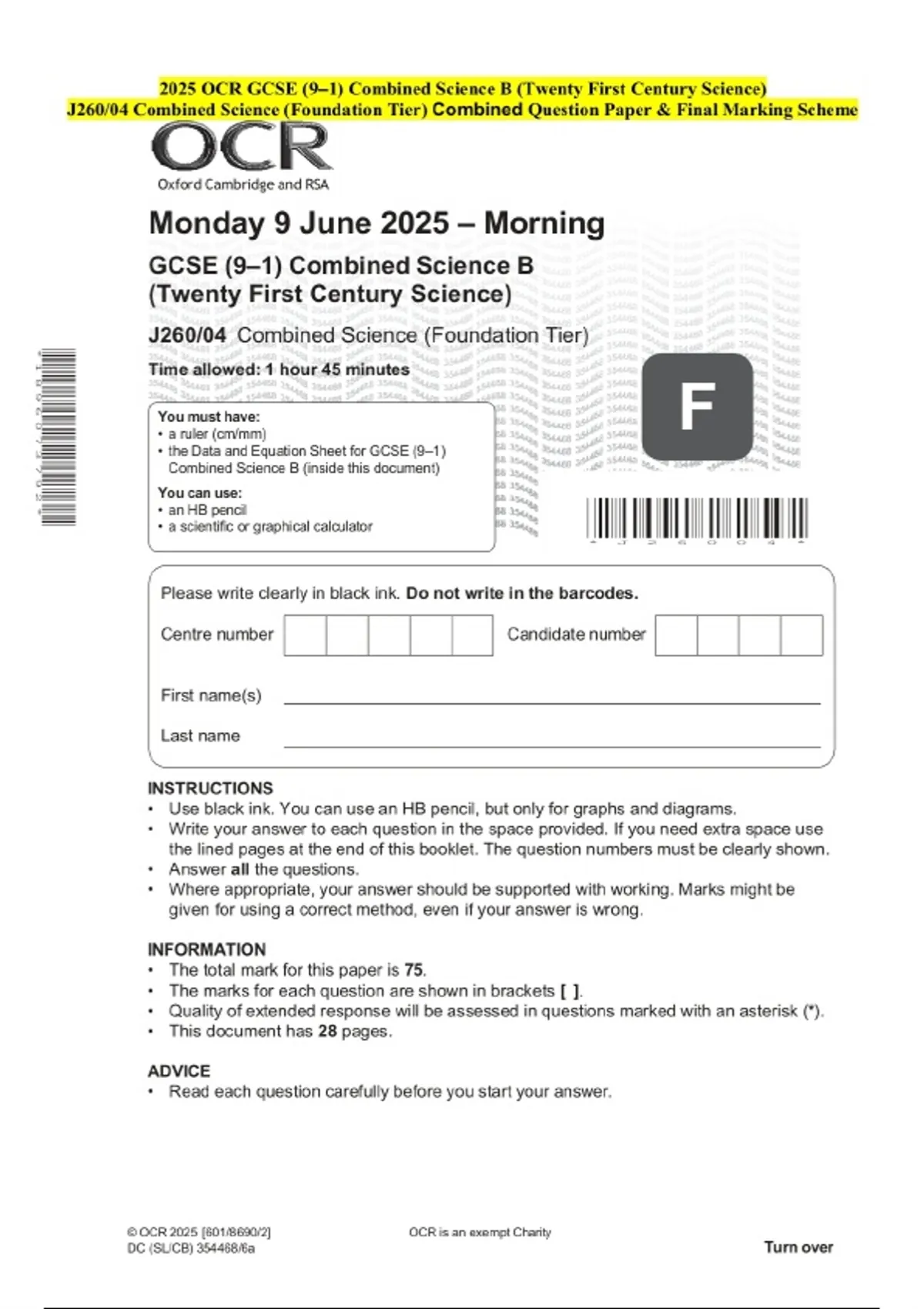 2025 OCR GCSE (9–1) Combined Science B (Twenty First Century Science) J260/04 Combined Science ...