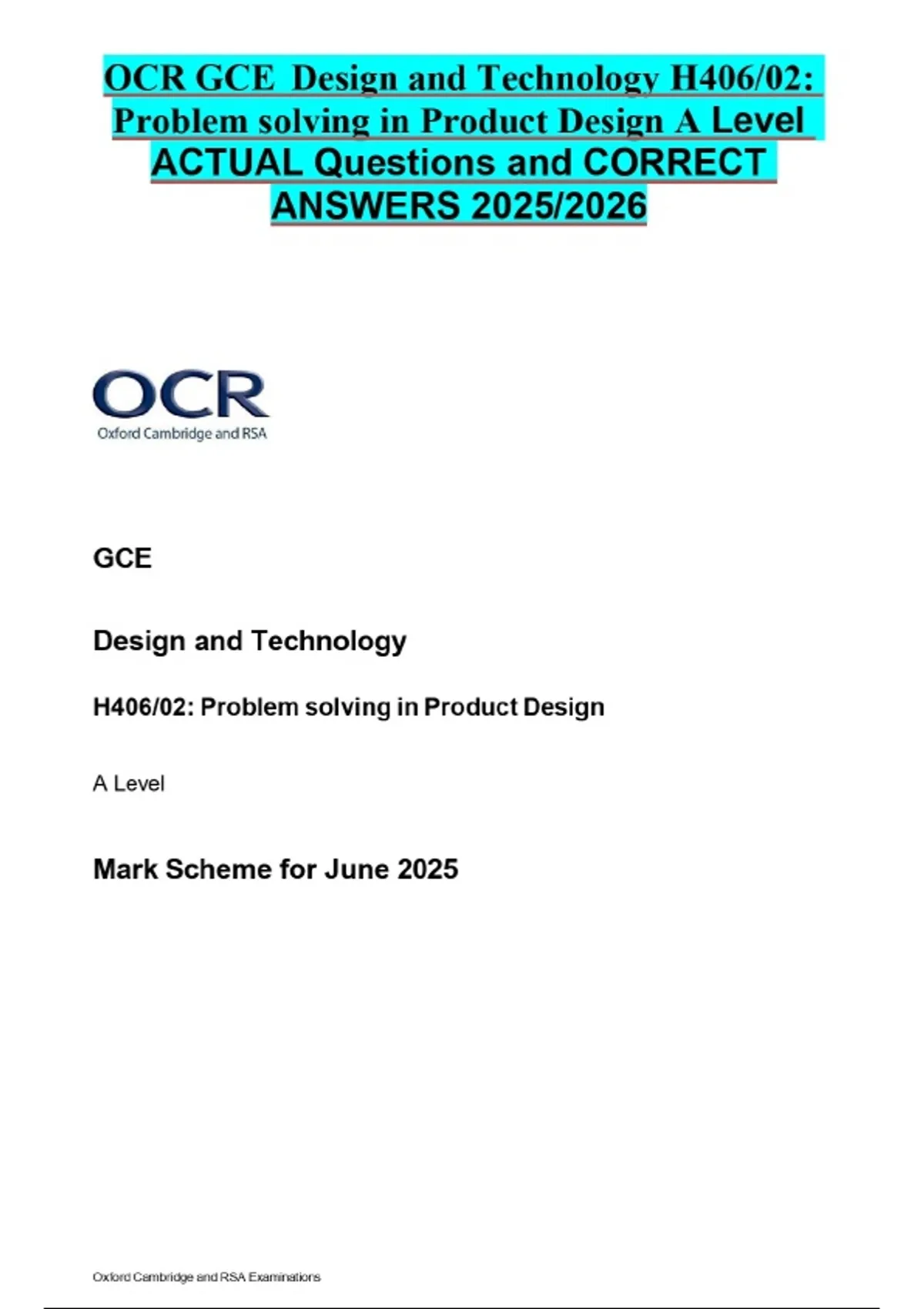 OCR GCE Design and Technology H406/02: Problem solving in Product ...