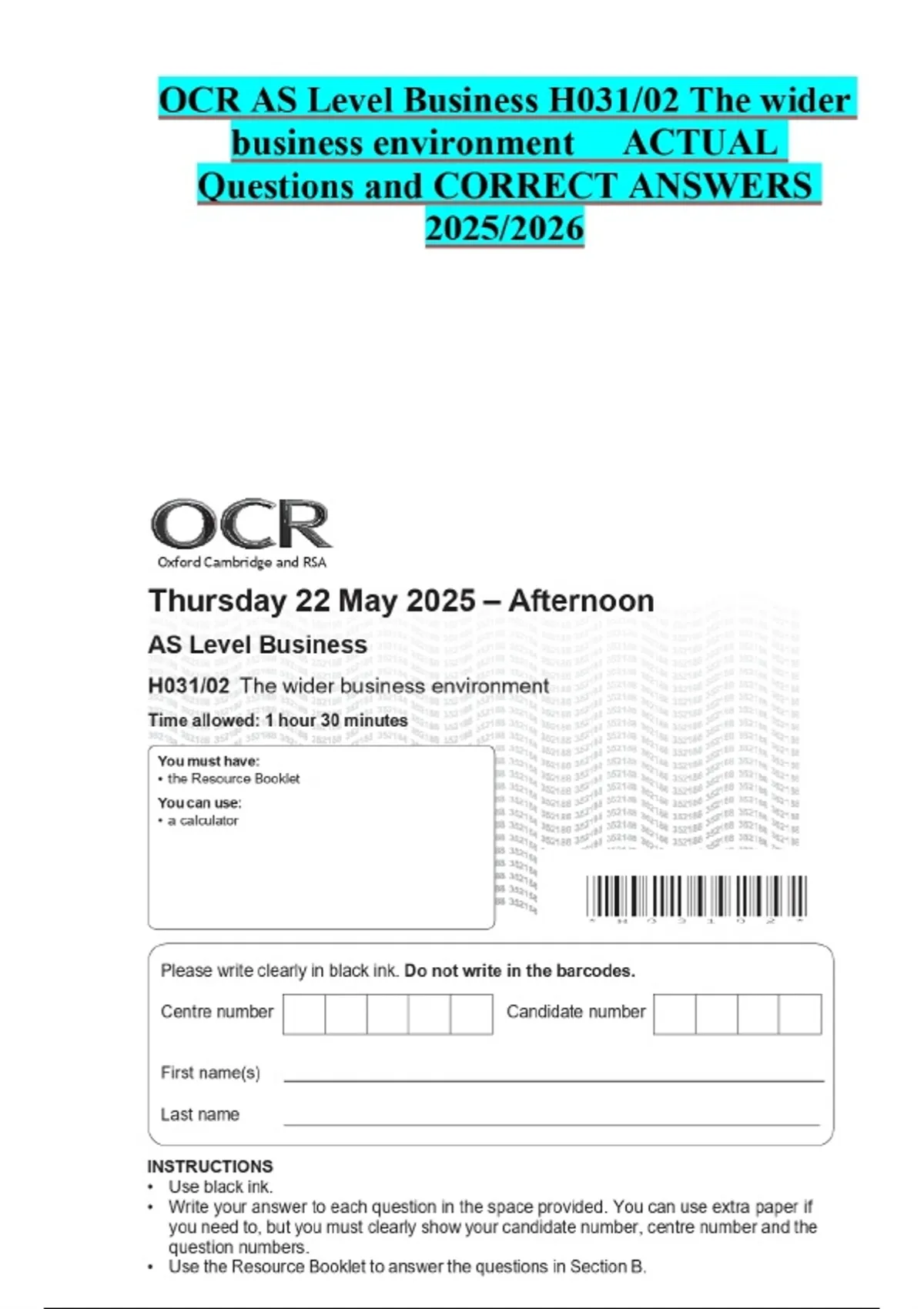 OCR AS Level Business H031/02 The wider business environment ACTUAL ...