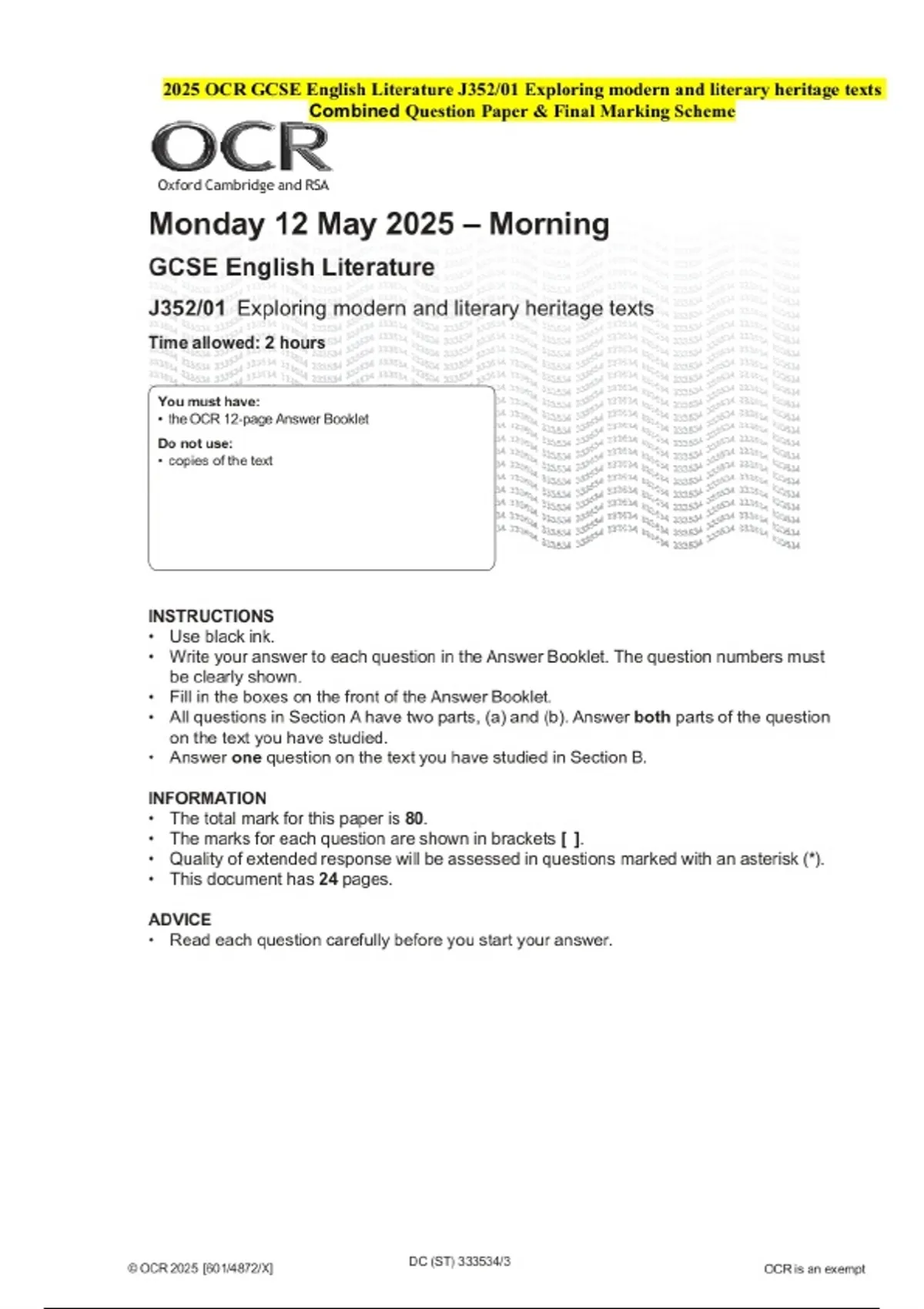 2025 OCR GCSE English Literature J352/01 Exploring modern and literary ...