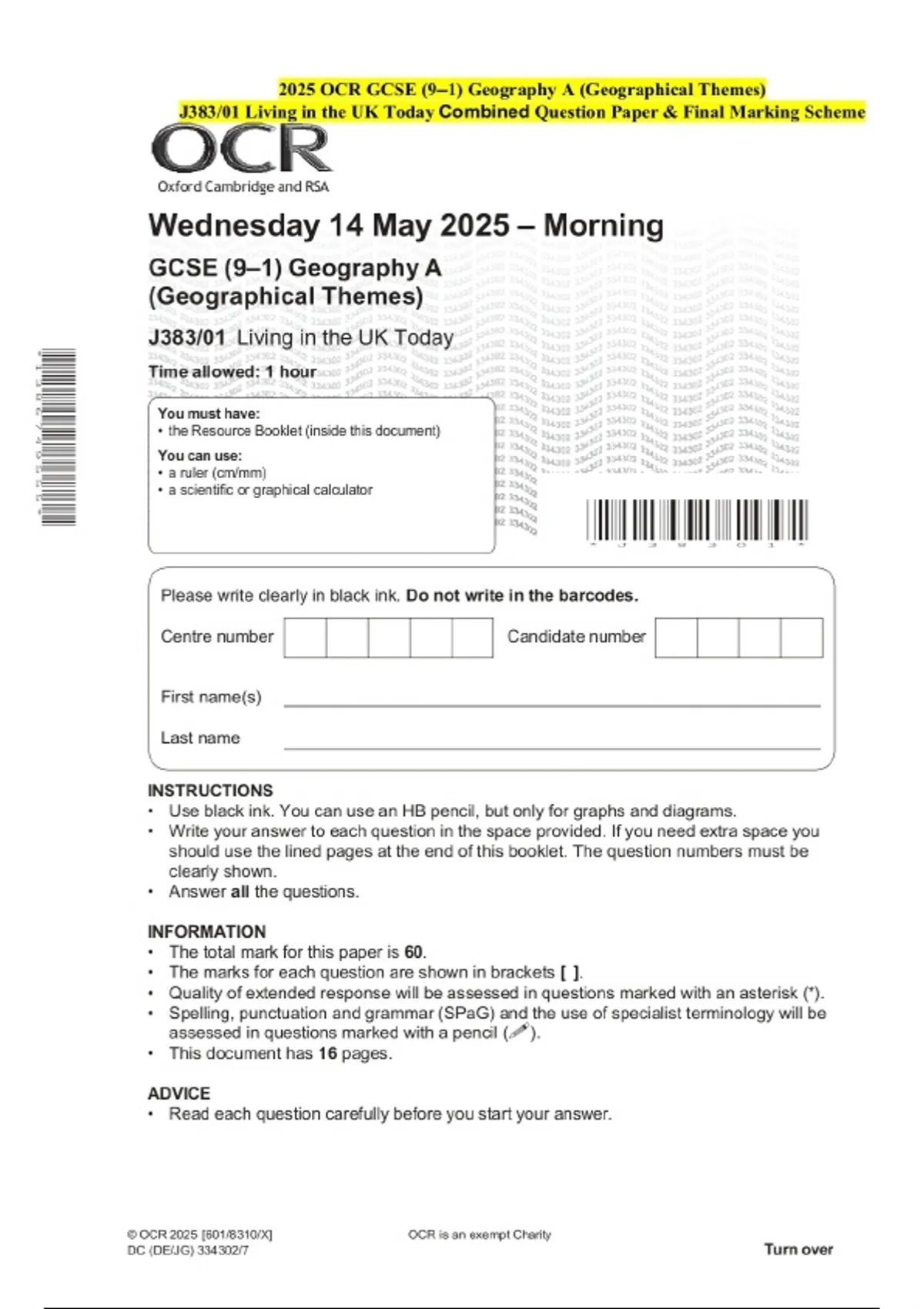 2025 OCR GCSE (9–1) Geography A (Geographical Themes) J383/01 Living in ...