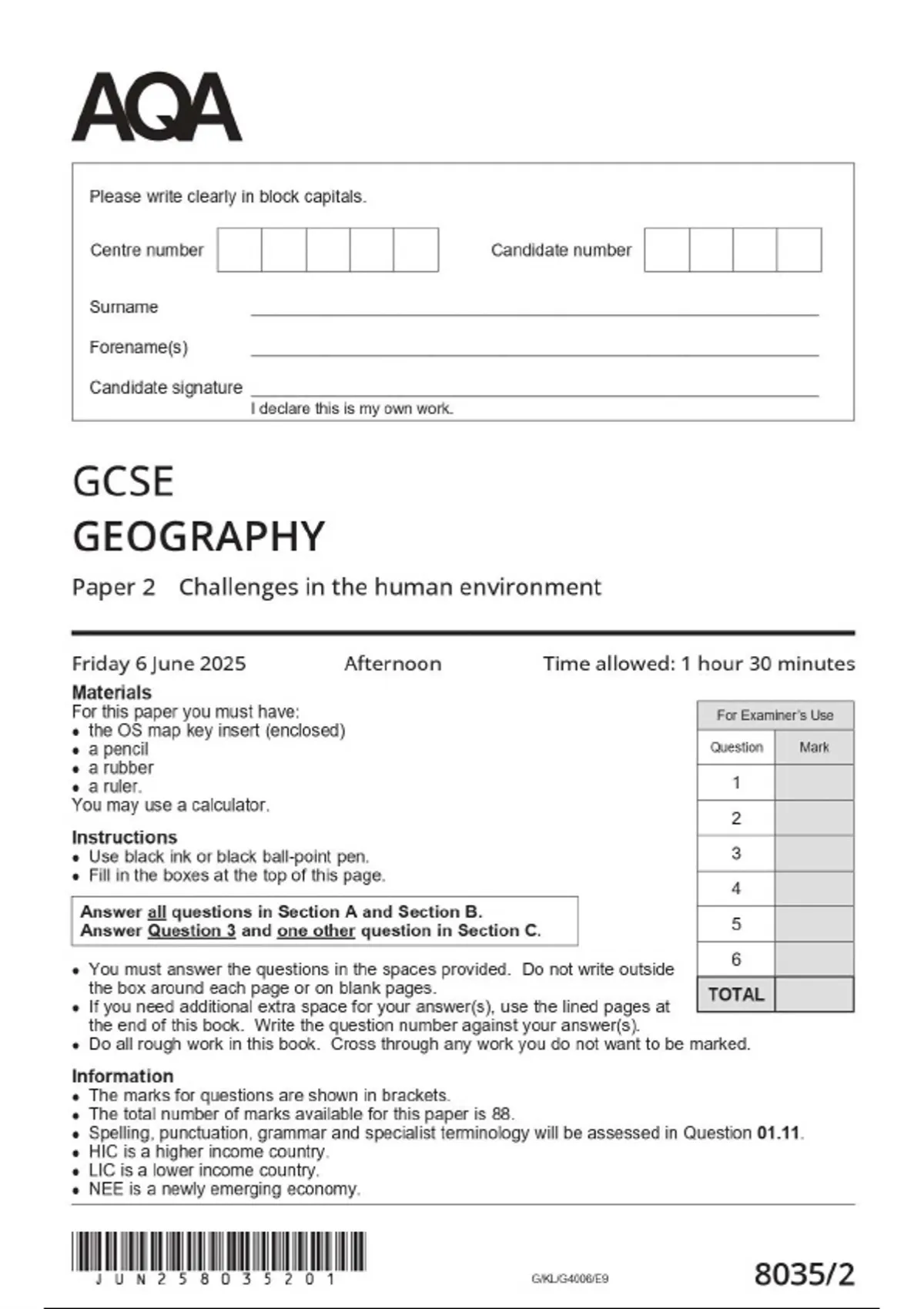 AQA GCSE GEOGRAPHY 2025 (PAPER 1 PAPER 2 PAPER 3) QUESTION PAPERS ...